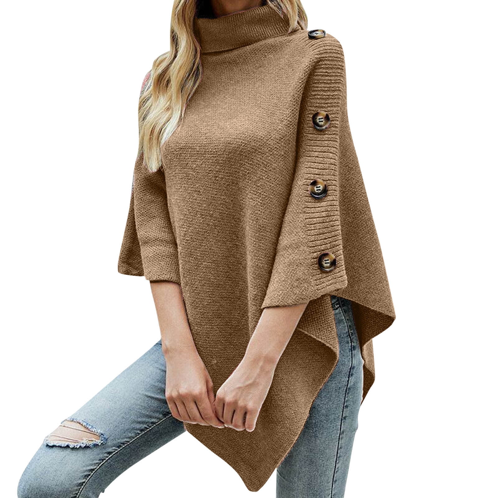 Manxivoo Womens Coats Women's Solid Color High Neck Sweater Cloak ...