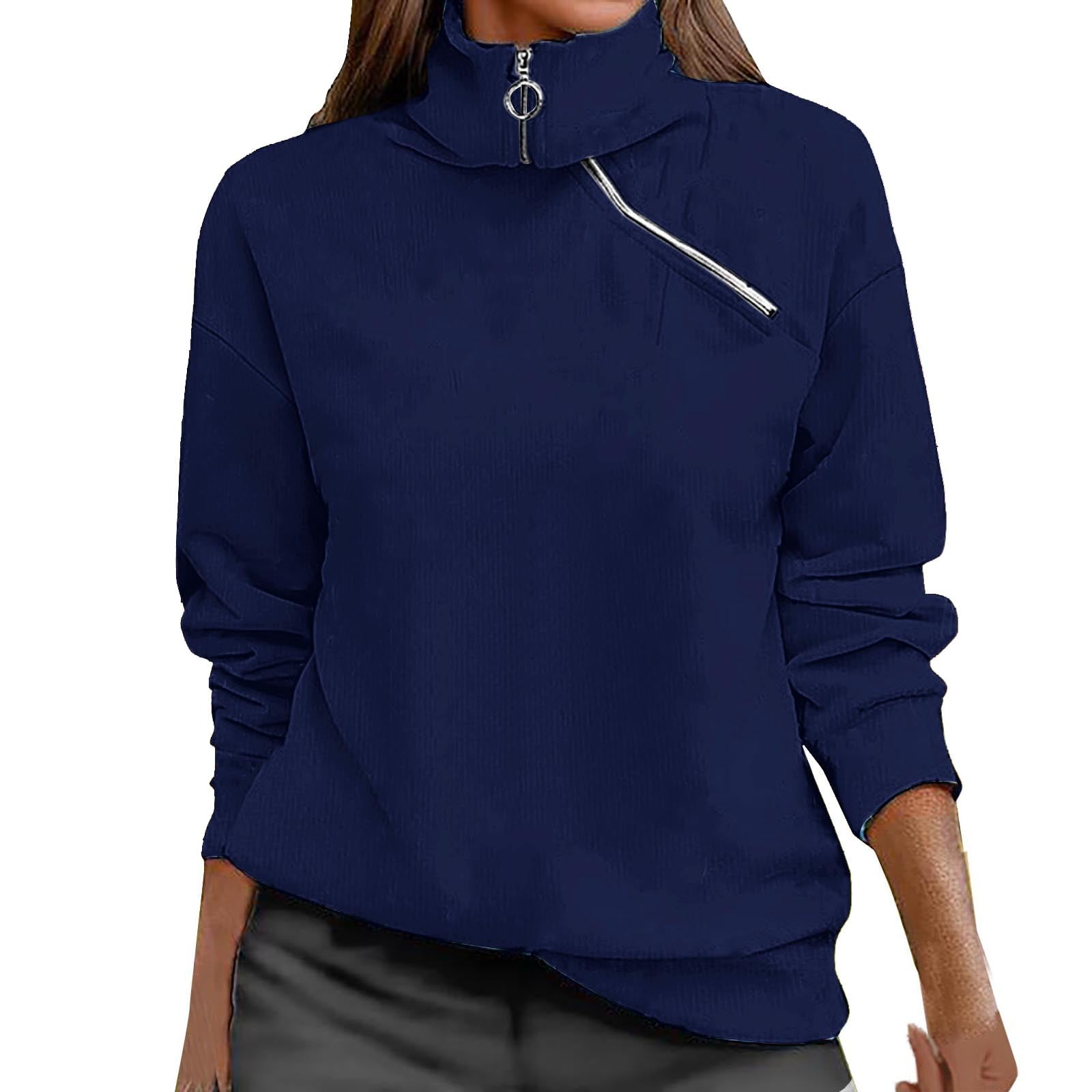 Manxivoo Womens Sweatshirt Womens Solid Color High Neck Zipper Loose Long Sleeved Casual Hoodie