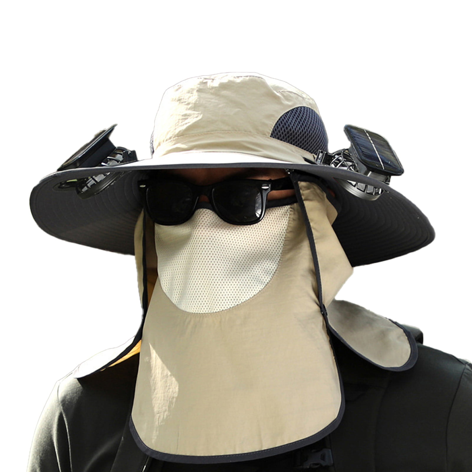 Manyache Solar Fan Hat with Neck Flap Face Guard Wide Brim UV Cooling ...