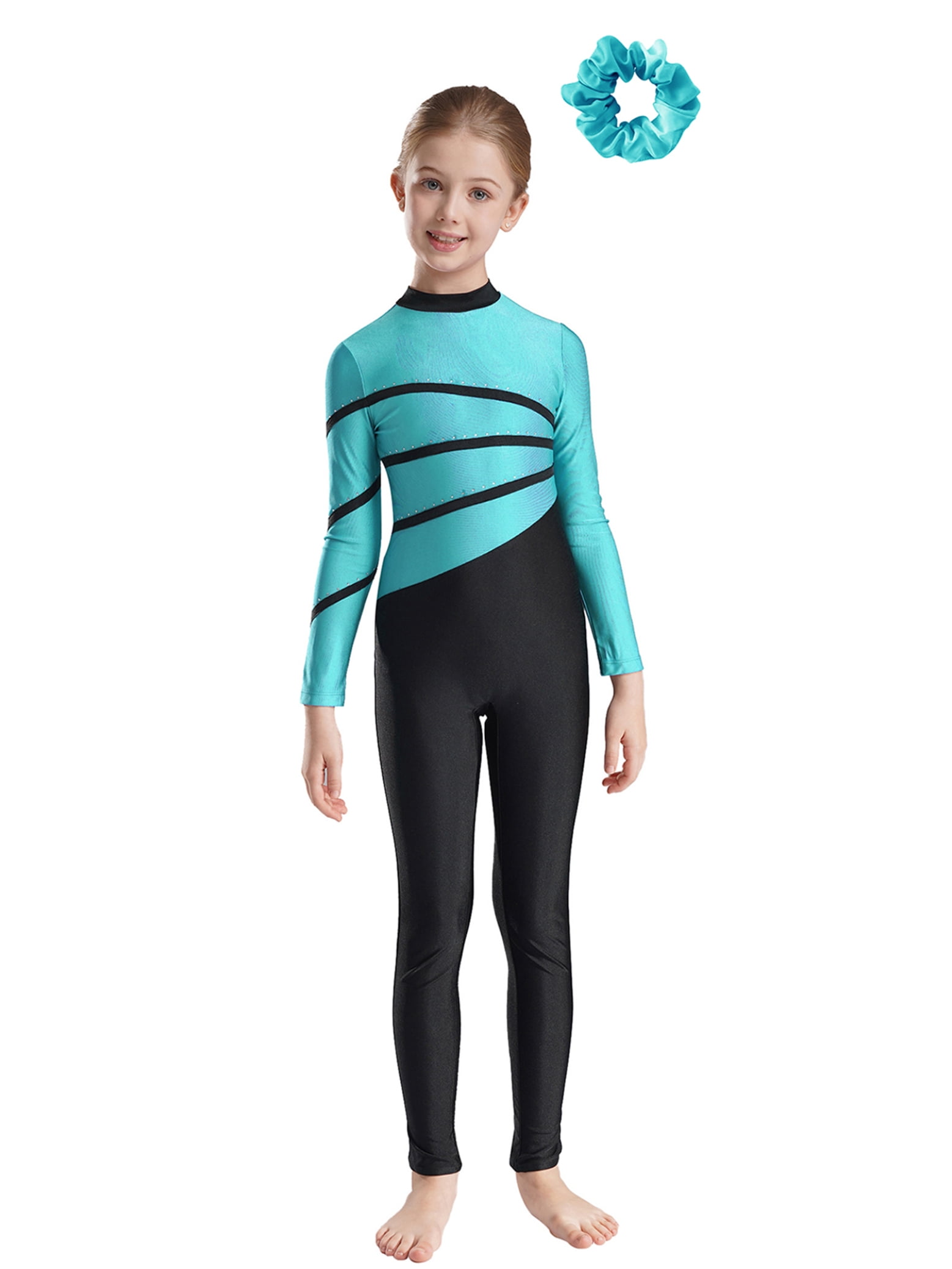 Manyakai Kids Girls Contrast Color Dance Unitards Jumpsuit Mock Neck ...