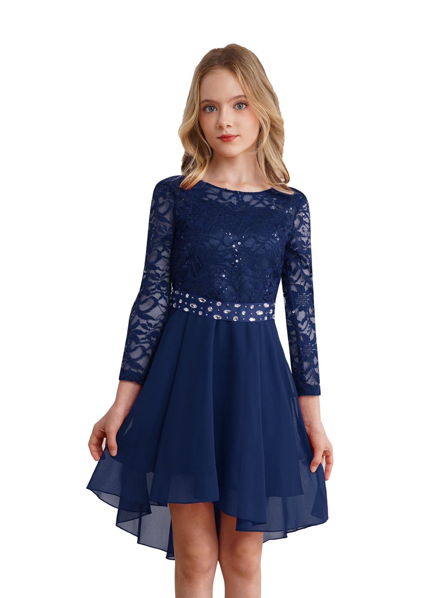 Manyakai Flower Girls High Low Formal Dress Kids Long Sleeve Sequin ...