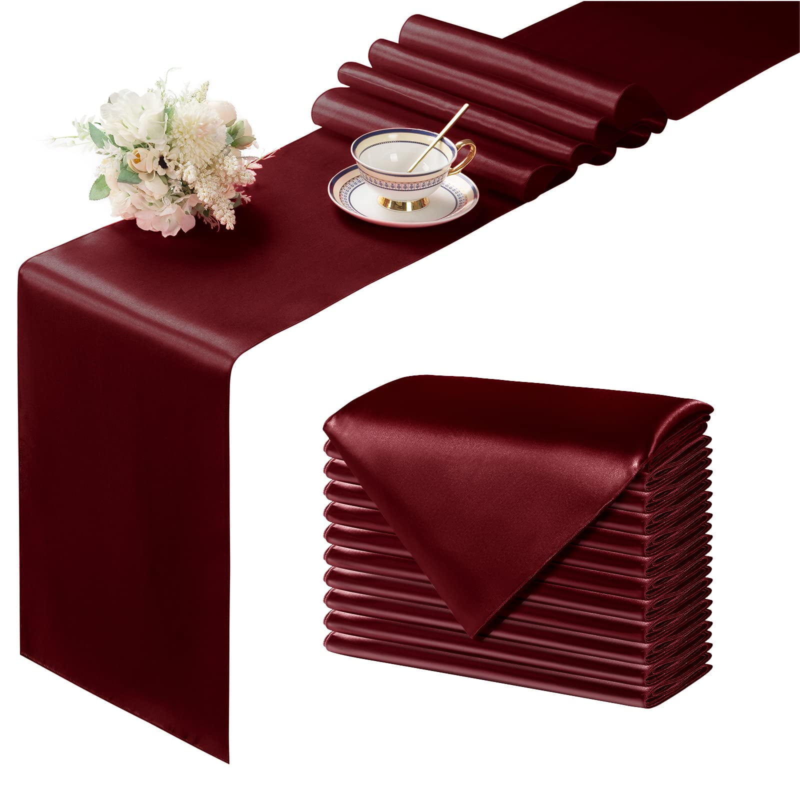 Manyshofu 12Pcs Satin Maroon Table Runner - 12 x 108 Inch Long Size ...