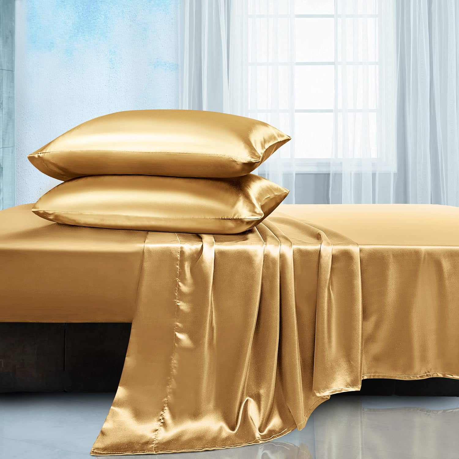 Manyshofu Satin King Sheets Set - 4 Piece, Camel Gold, Cooling & Luxury ...