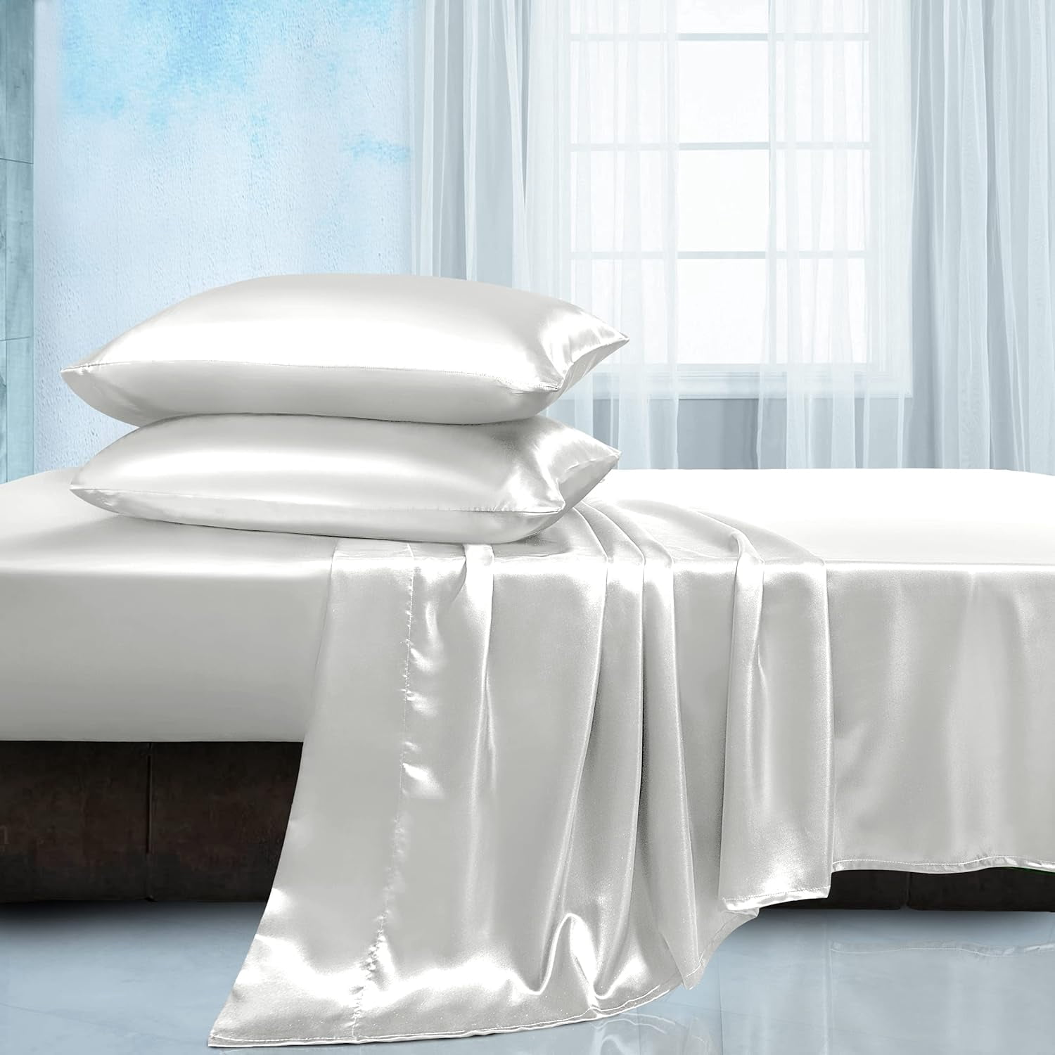 Manyshofu Satin Queen Sheets Set - 4 Piece Soft Silky Satin Sheets ...
