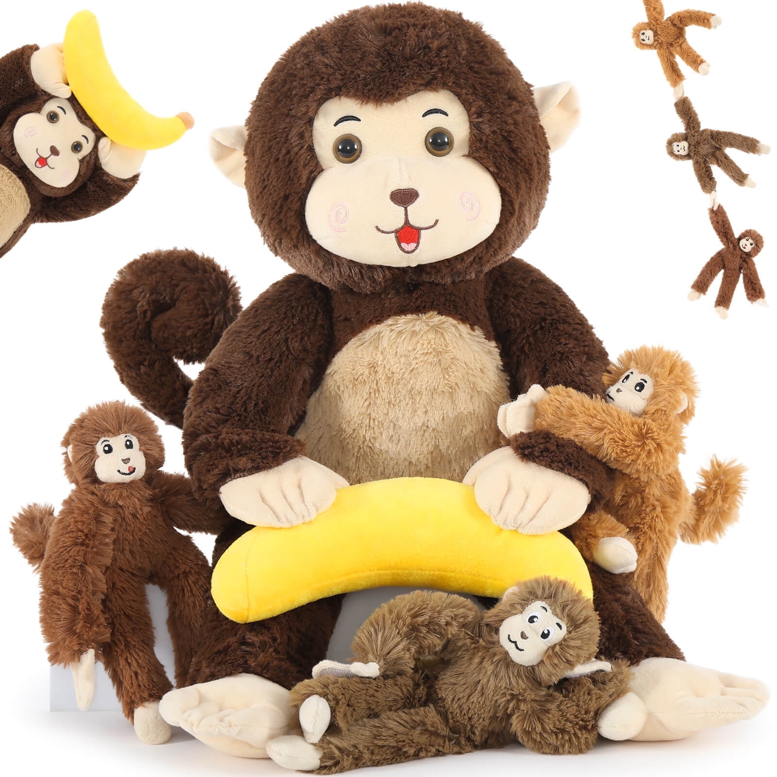 MaoGoLan 25.6" Monkey Mommy Stuffed Animal with 3 Baby Monkeys & 1 ...
