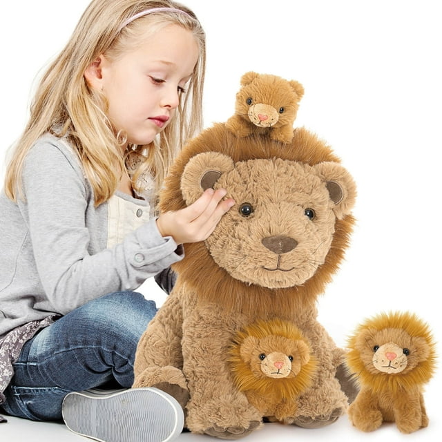 MaoGoLan Big & Small Lion Plush Set: 17.7'' Large Stuffed Animal Mommy Lion with 3 Babies ...
