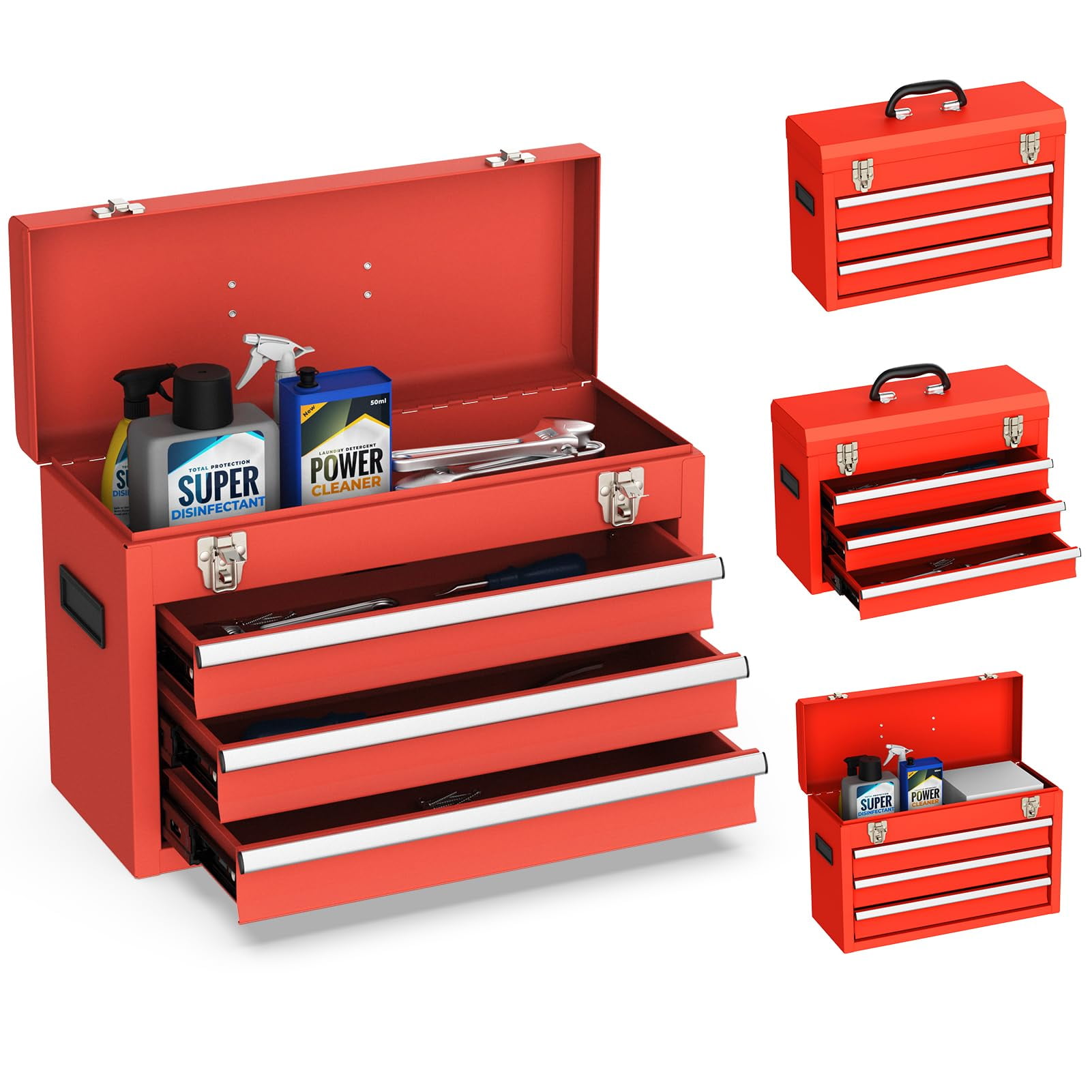Maonlyking 3 Drawer Metal Tool Box Portable Steel Tool Chest with Ball ...