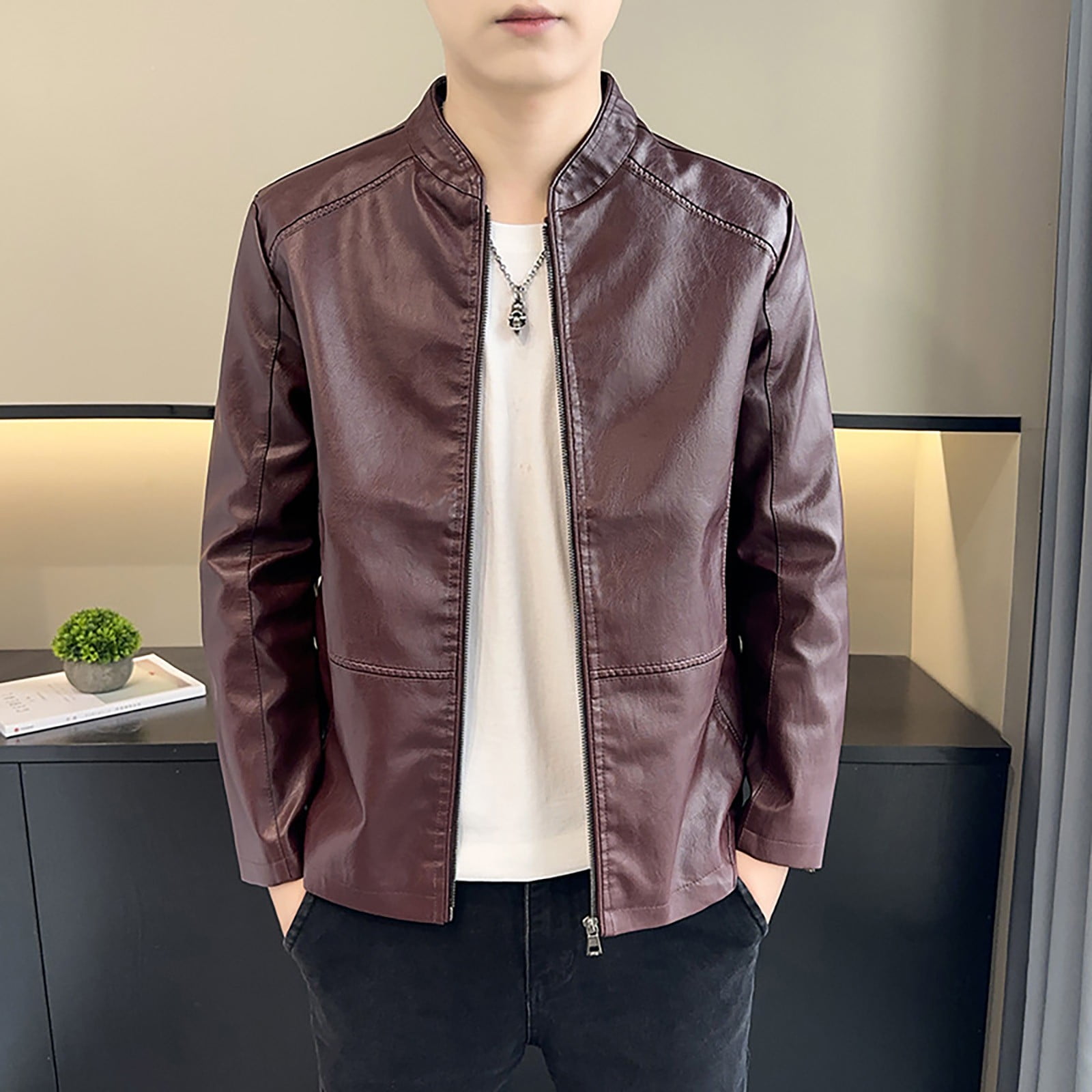Maoxin Men Leather Jacket Men's Stand Up Collar Business Casual Leather Jacket Zipper Cardigan ...