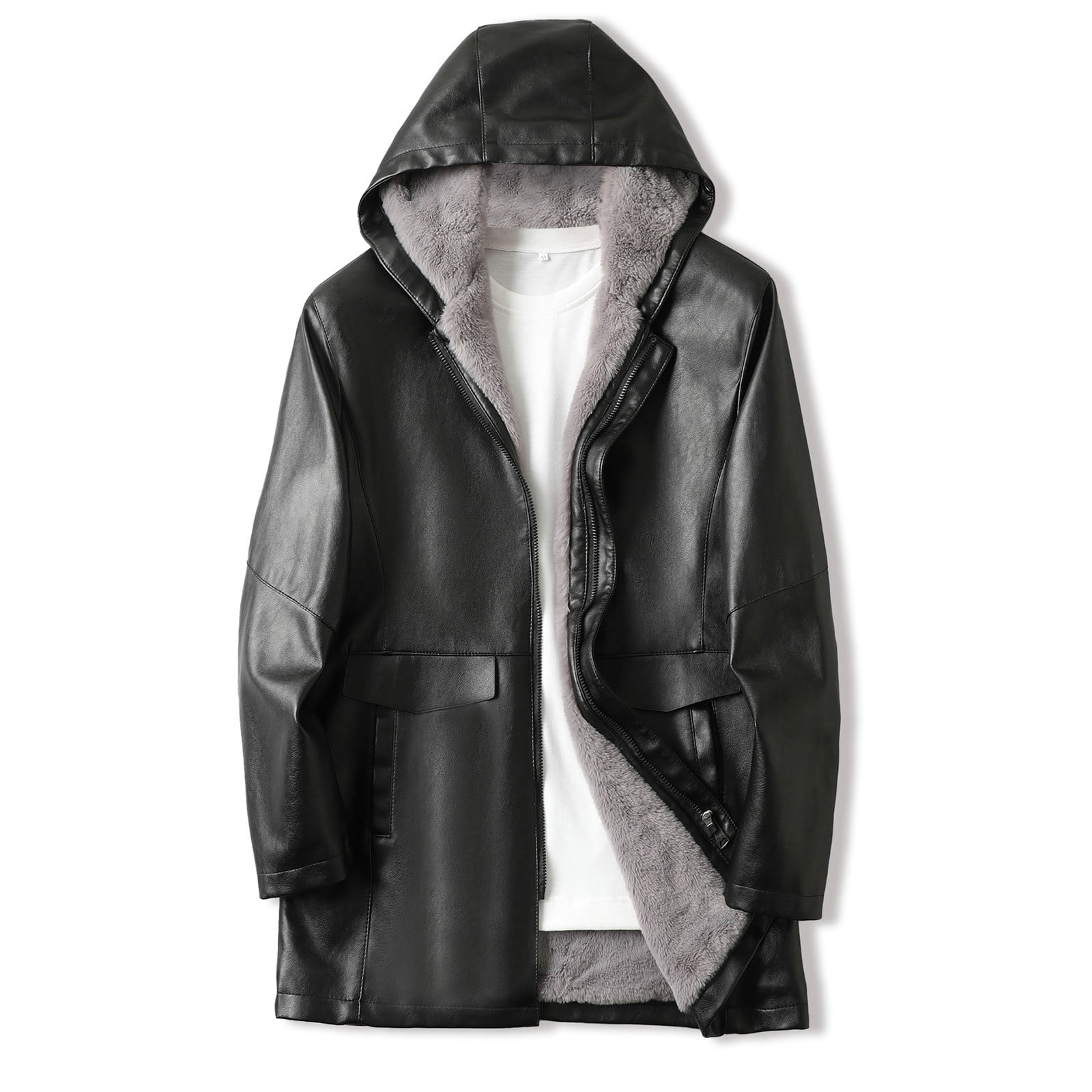 Maoxin Men's Leather Jacket Men's Winter Long Hooded Leather Jacket ...