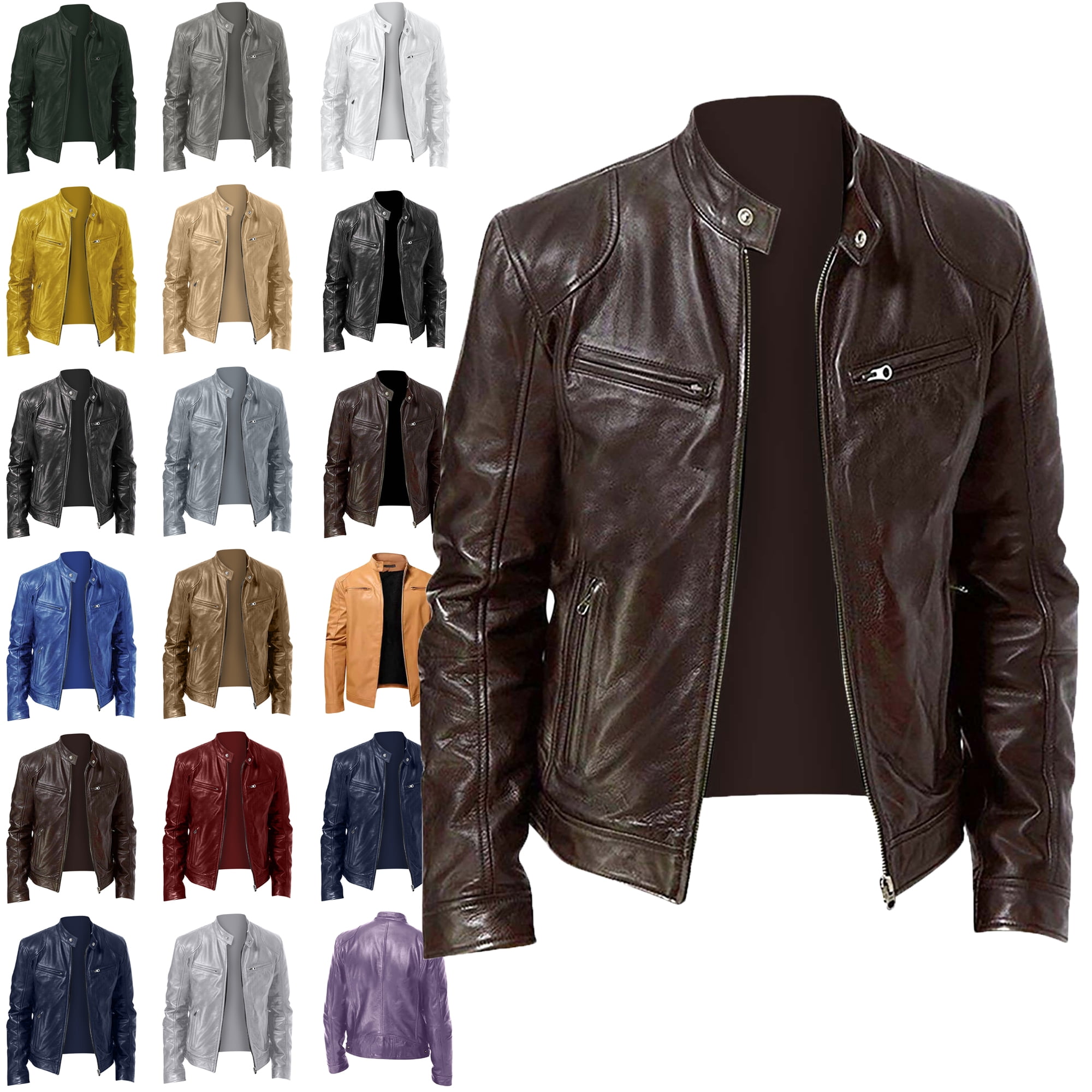 Mens Leather Jacket Men's Solid Color Long Sleeved Casual Leather ...