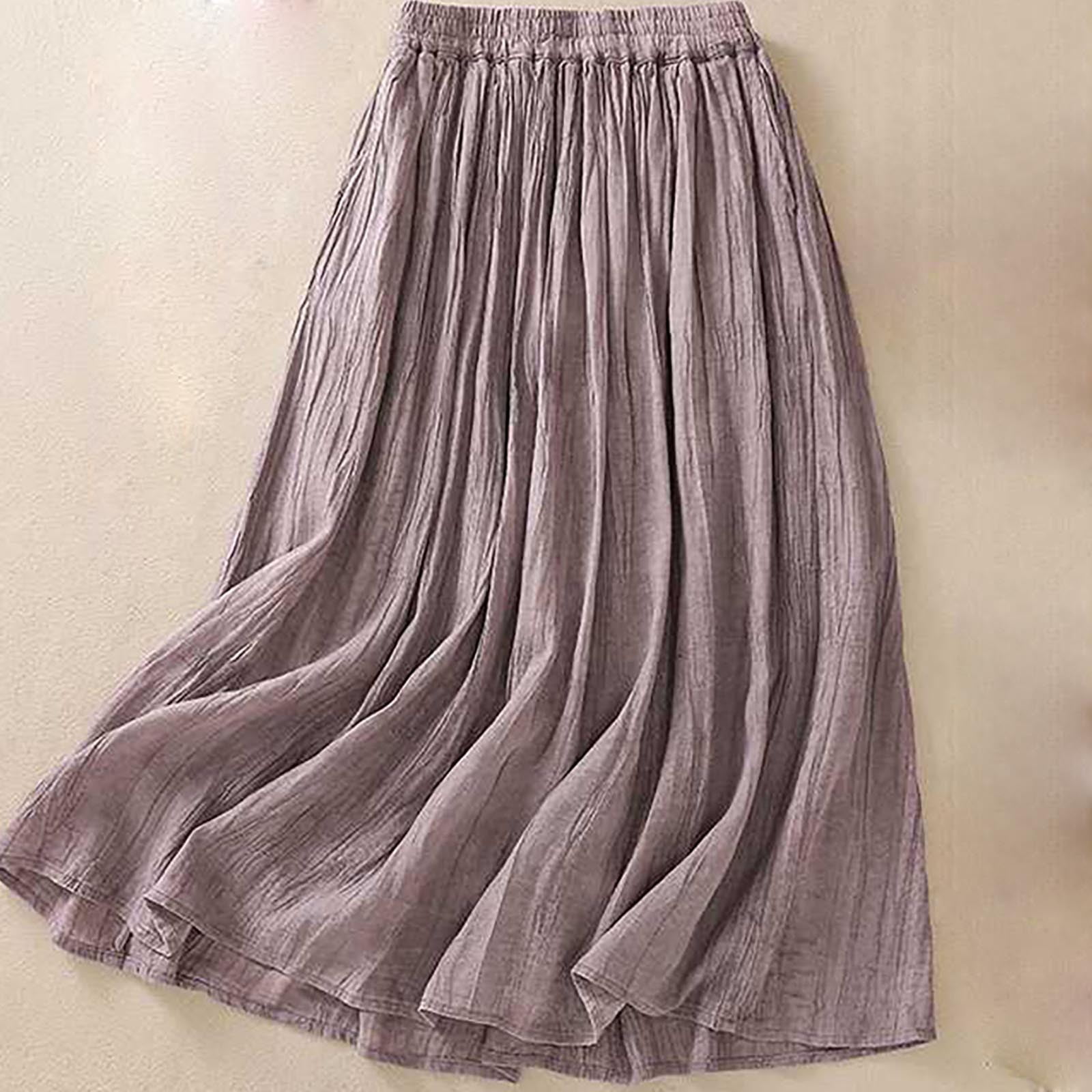 Maoxin Skirts for Women Women's Summer Solid Embroidery Elastic Waist Linen Ankle Skirt ,Purple ...