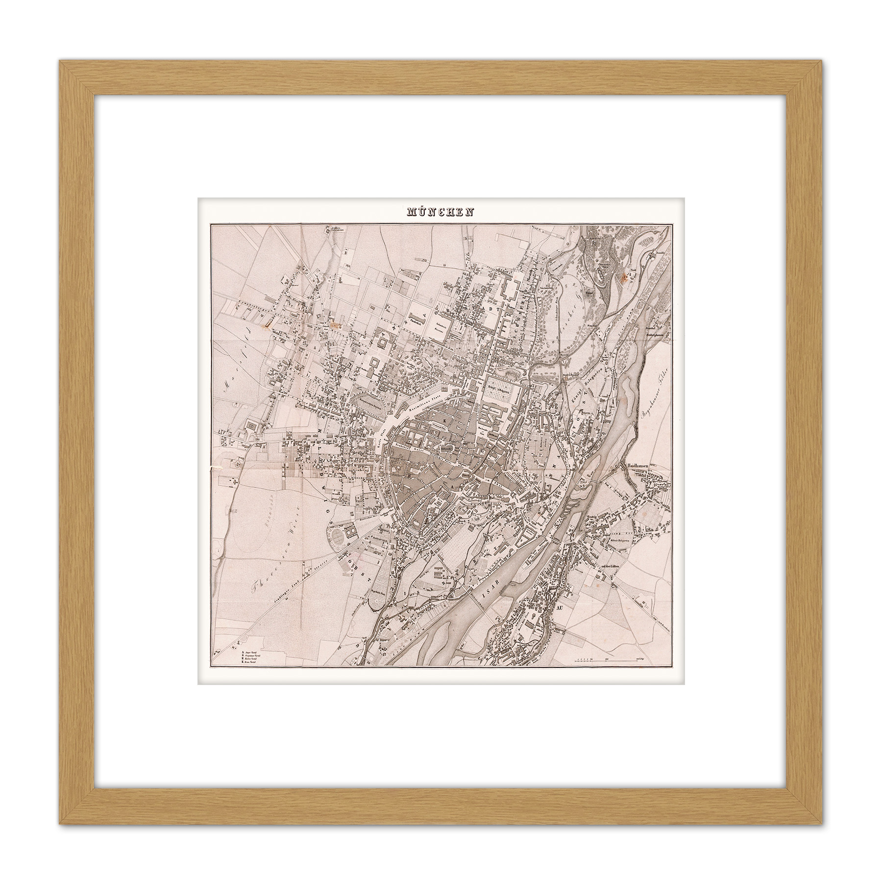 Map 1838 Soltl Munich City Plan Bavaria 8X8 Inch Square Wooden Framed ...
