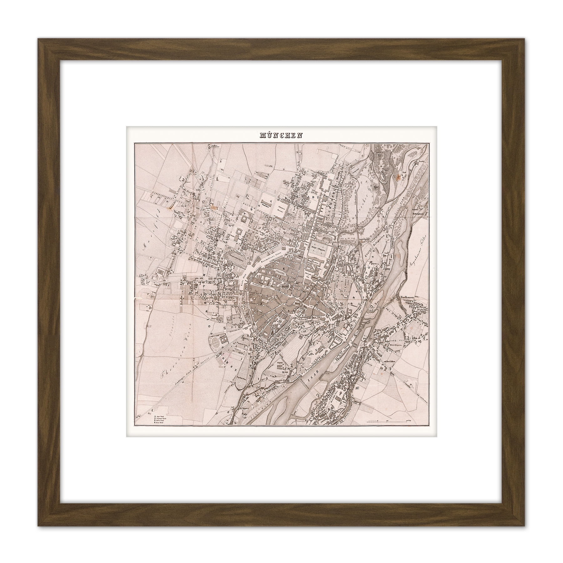 Map 1838 Soltl Munich City Plan Bavaria 8X8 Inch Square Wooden Framed ...