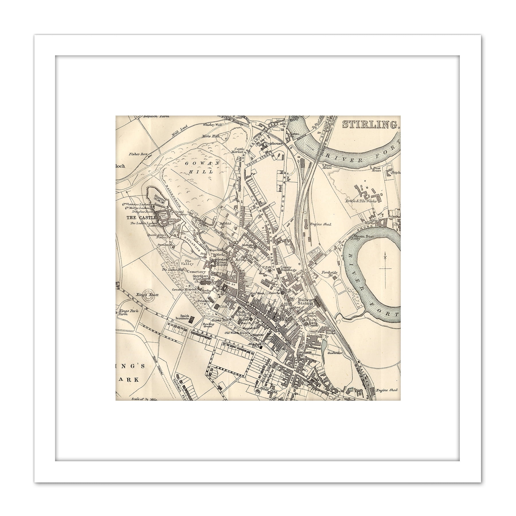 Map 1888 Bartholemew Stirling City Scotland Plan 8X8 Inch Square Wooden ...