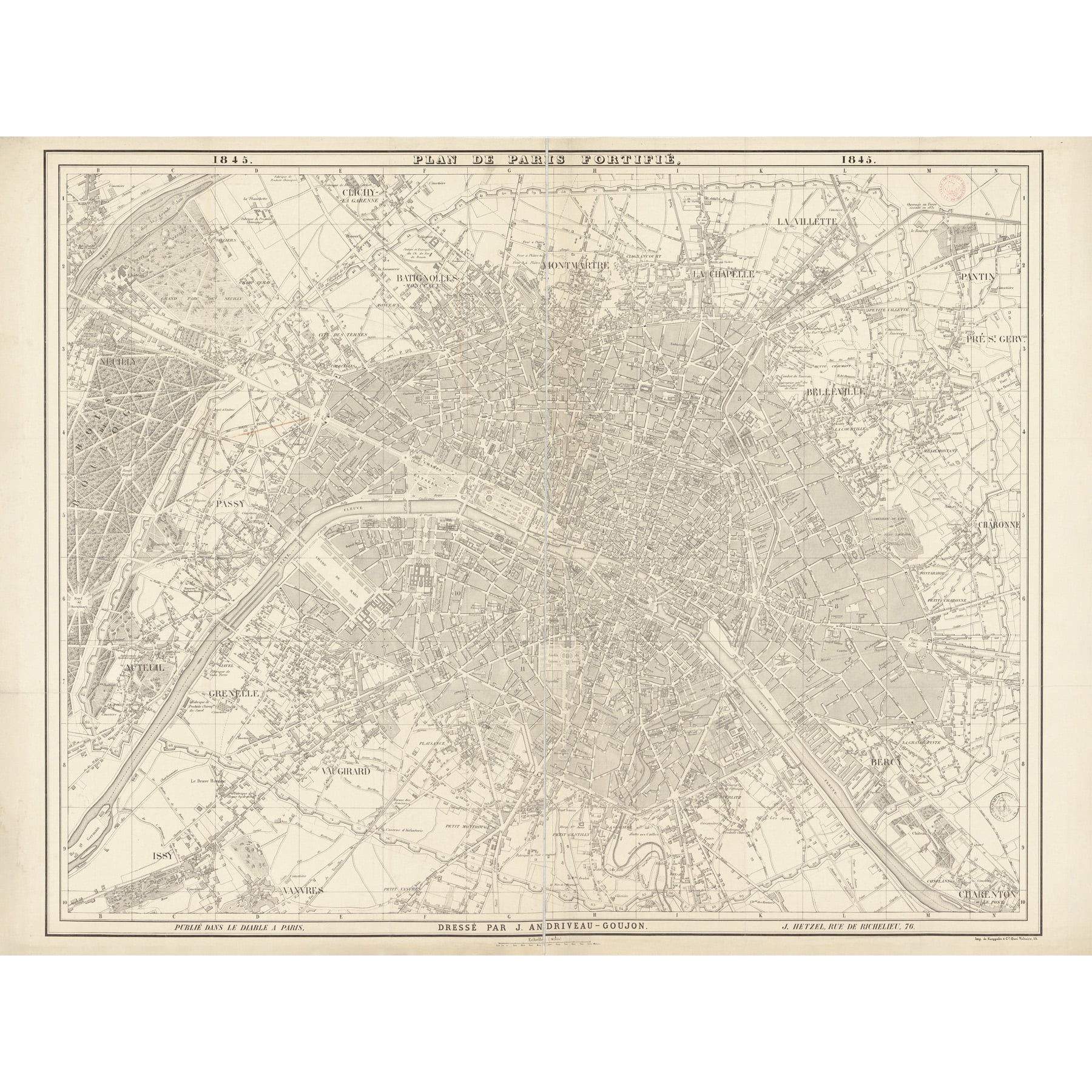 Map Andriveau-Goujon 1845 Paris Plan Fortifications Extra Large XL Wall ...