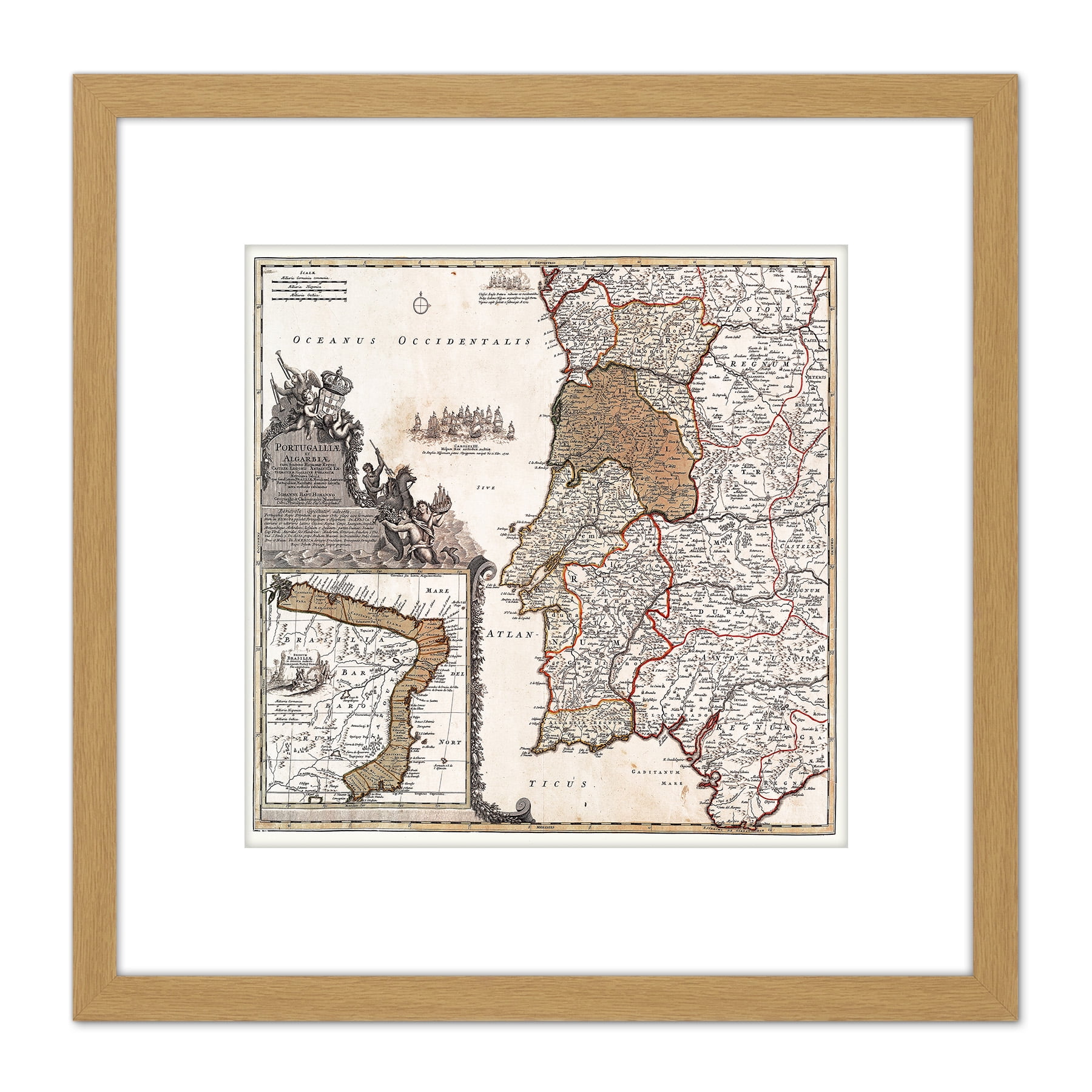 Map Antique 1704 Homann Portugal Brazil Old Replica 8X8 Inch Square ...