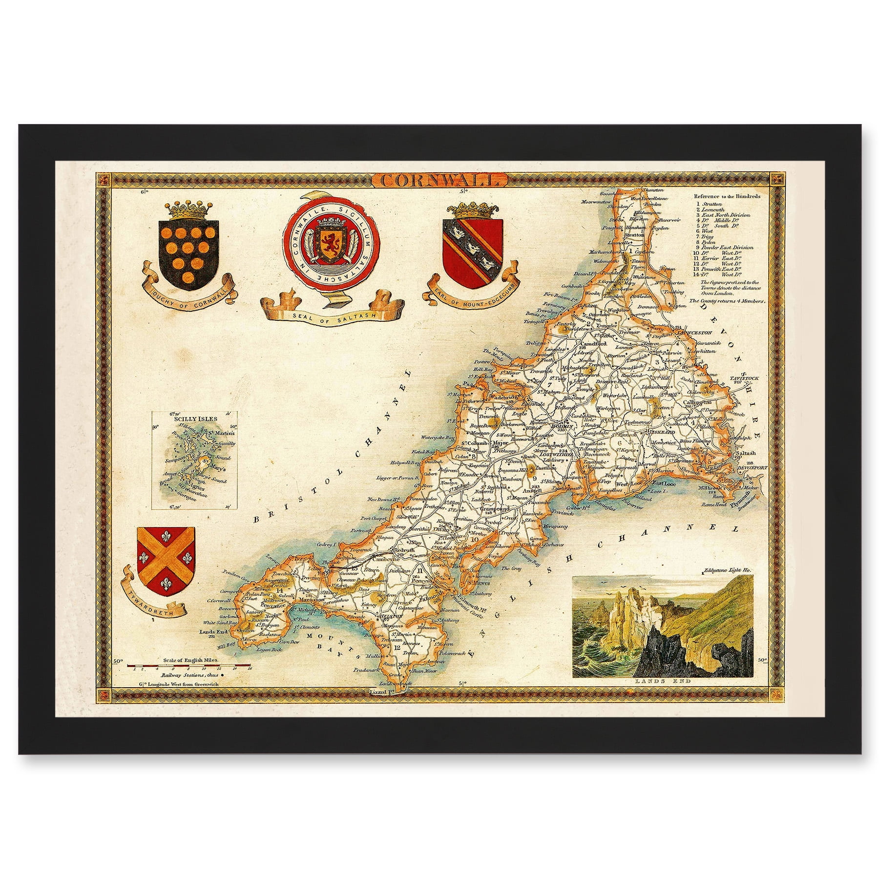 Map Antique Moule 1850 Cornwall County England UK Artwork Framed Wall ...