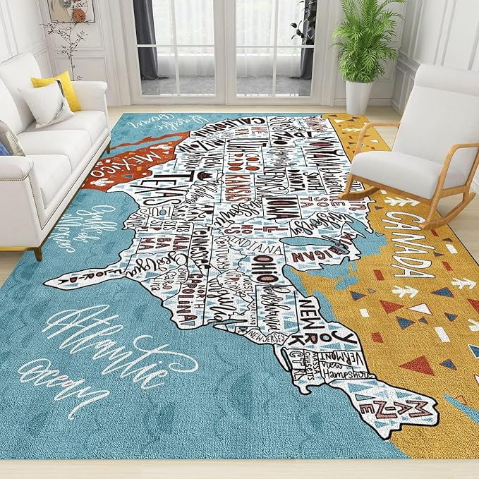 Map Area Rug, Modern Kids Classroom Large Learning Rugs, Soft Blue ...