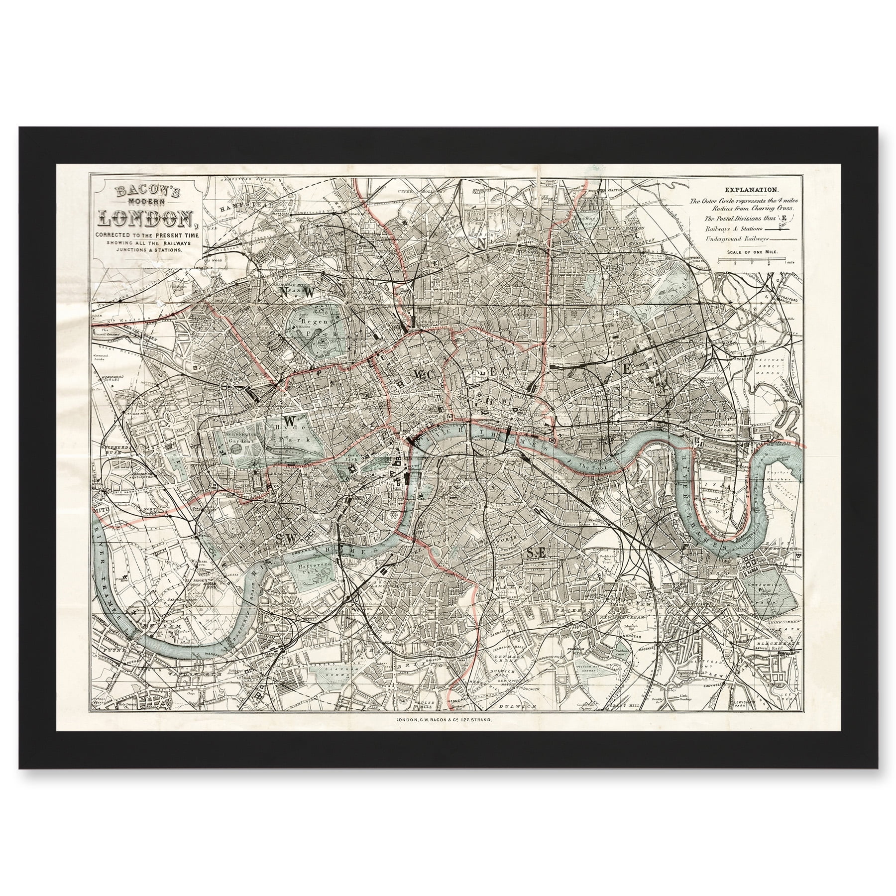 Map Bacon 1883 Modern London City England Plan Chart Artwork Framed ...
