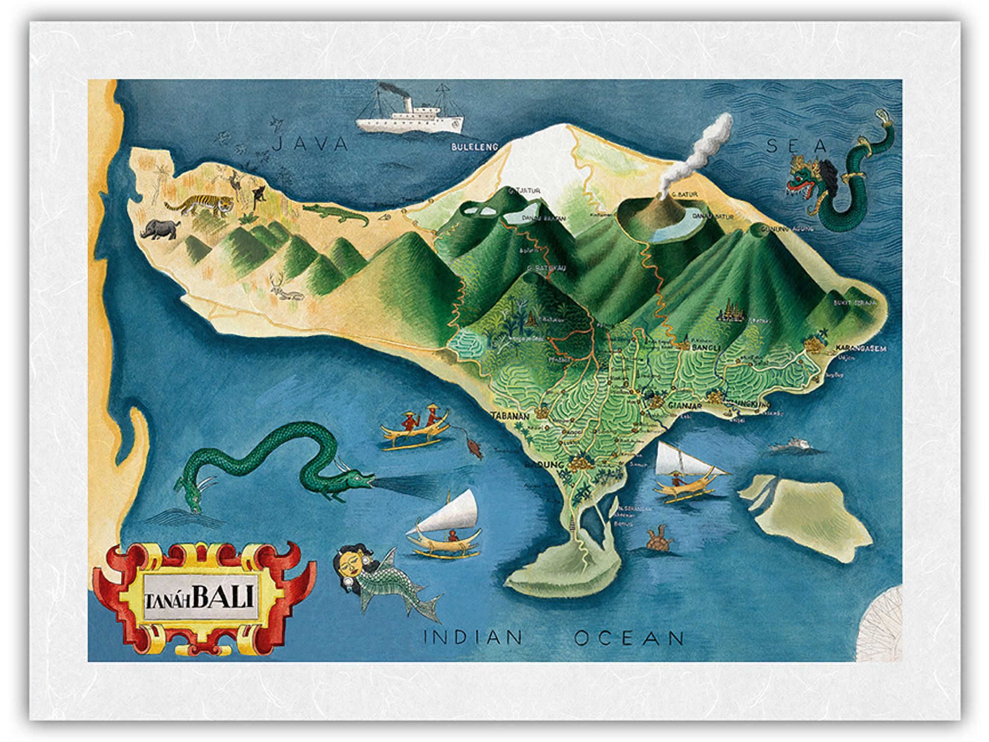 Map of Bali Indonesia - Tanáh (Tanah) Lot Balinese Temple - Vintage ...