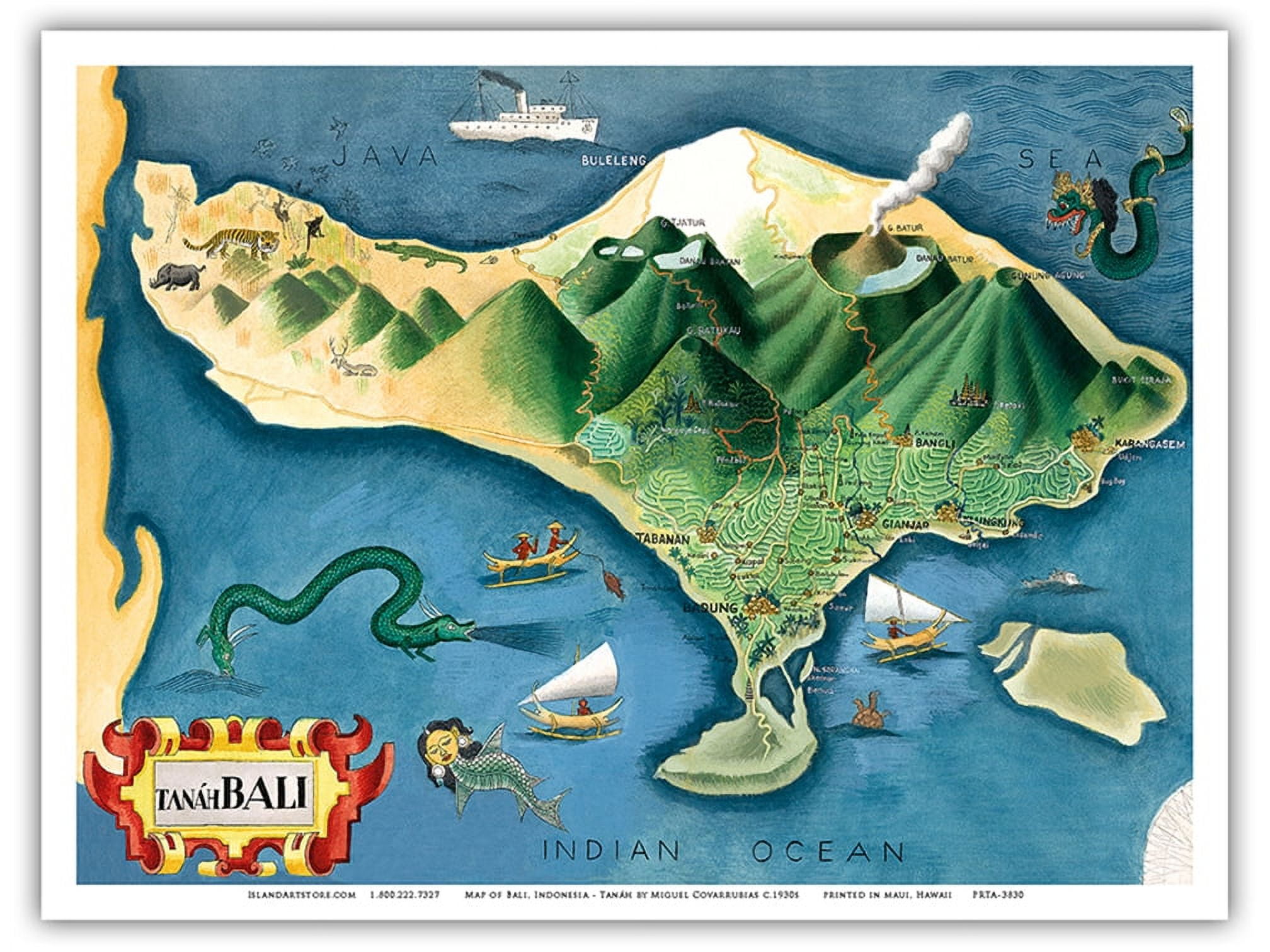 Map of Bali Indonesia - Tanáh (Tanah) Lot Balinese Temple - Vintage Pictorial Map by Miguel ...