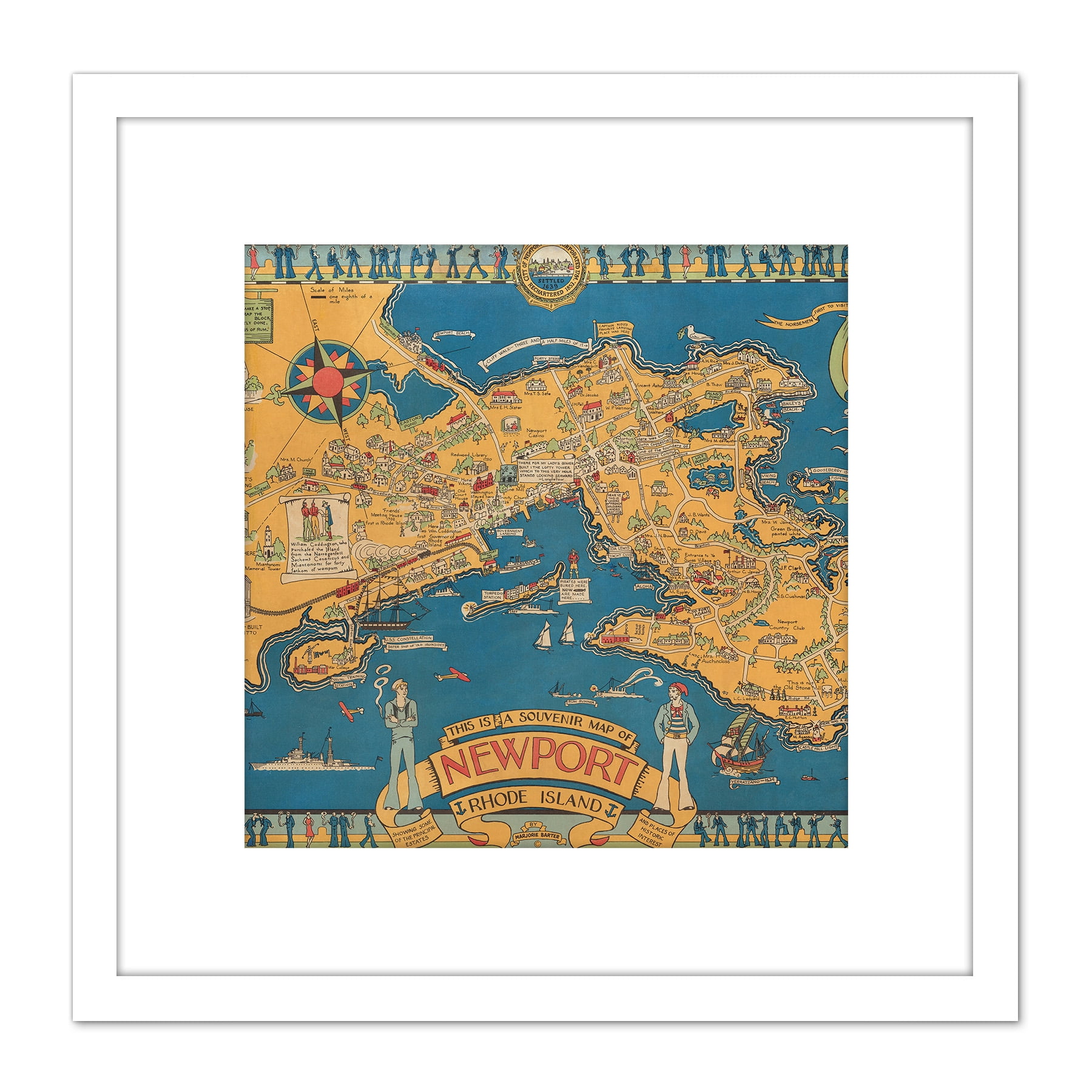 Map Barter 1945 Newport Rhode Island Souvenir 8X8 Inch Square Wooden ...