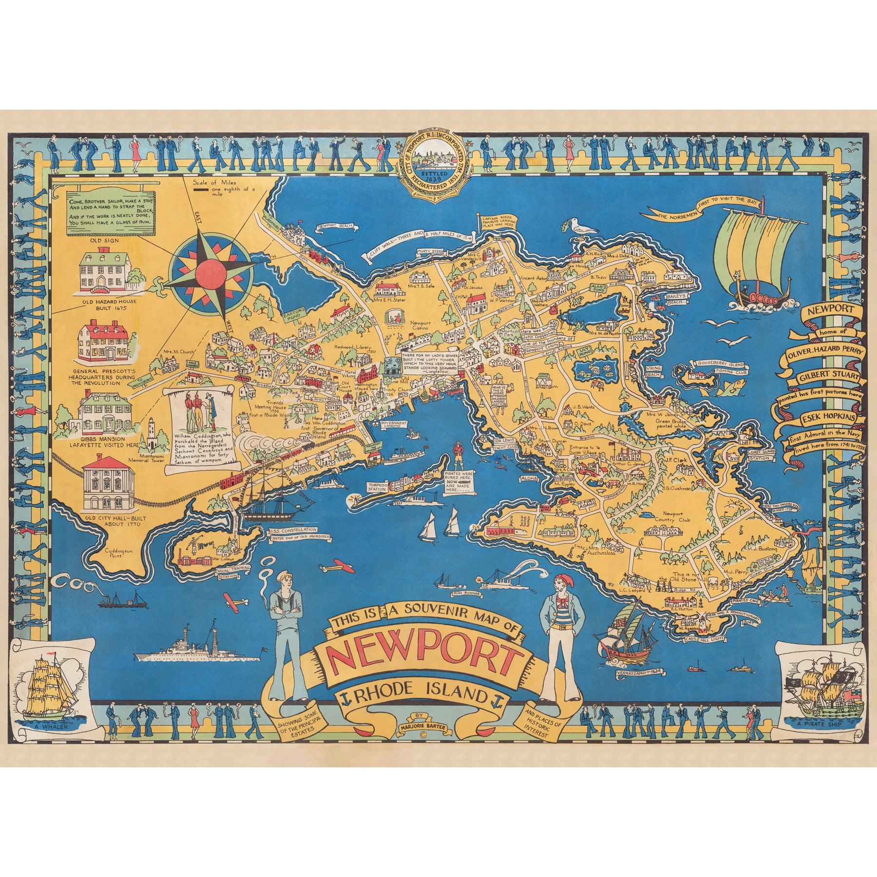 Map Barter 1945 Newport Rhode Island Souvenir Extra Large XL Wall Art ...