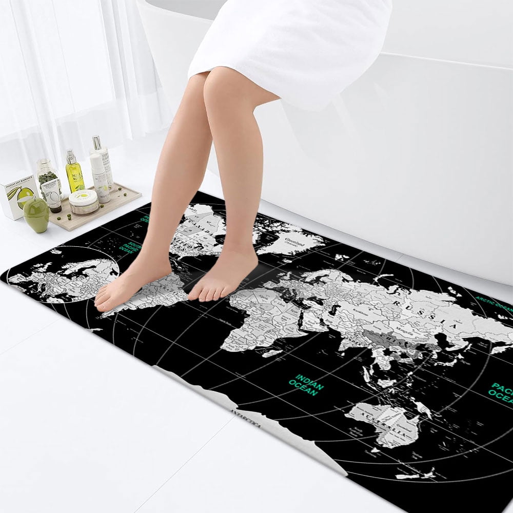 Map Bathroom Rugs, Black Asia Europe South City Topography America ...