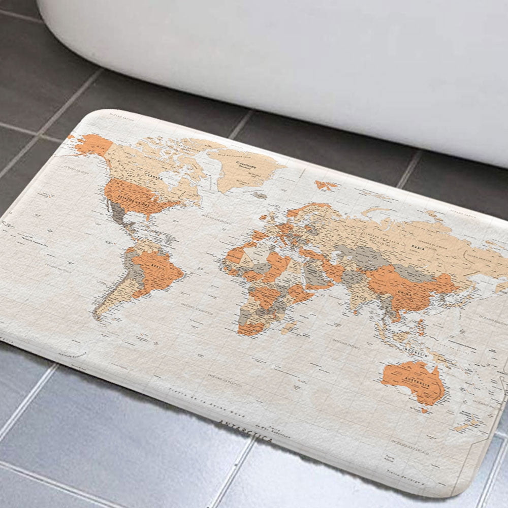 Map Bathroom Rugs, Yellow Asia Europe South City Topography America ...