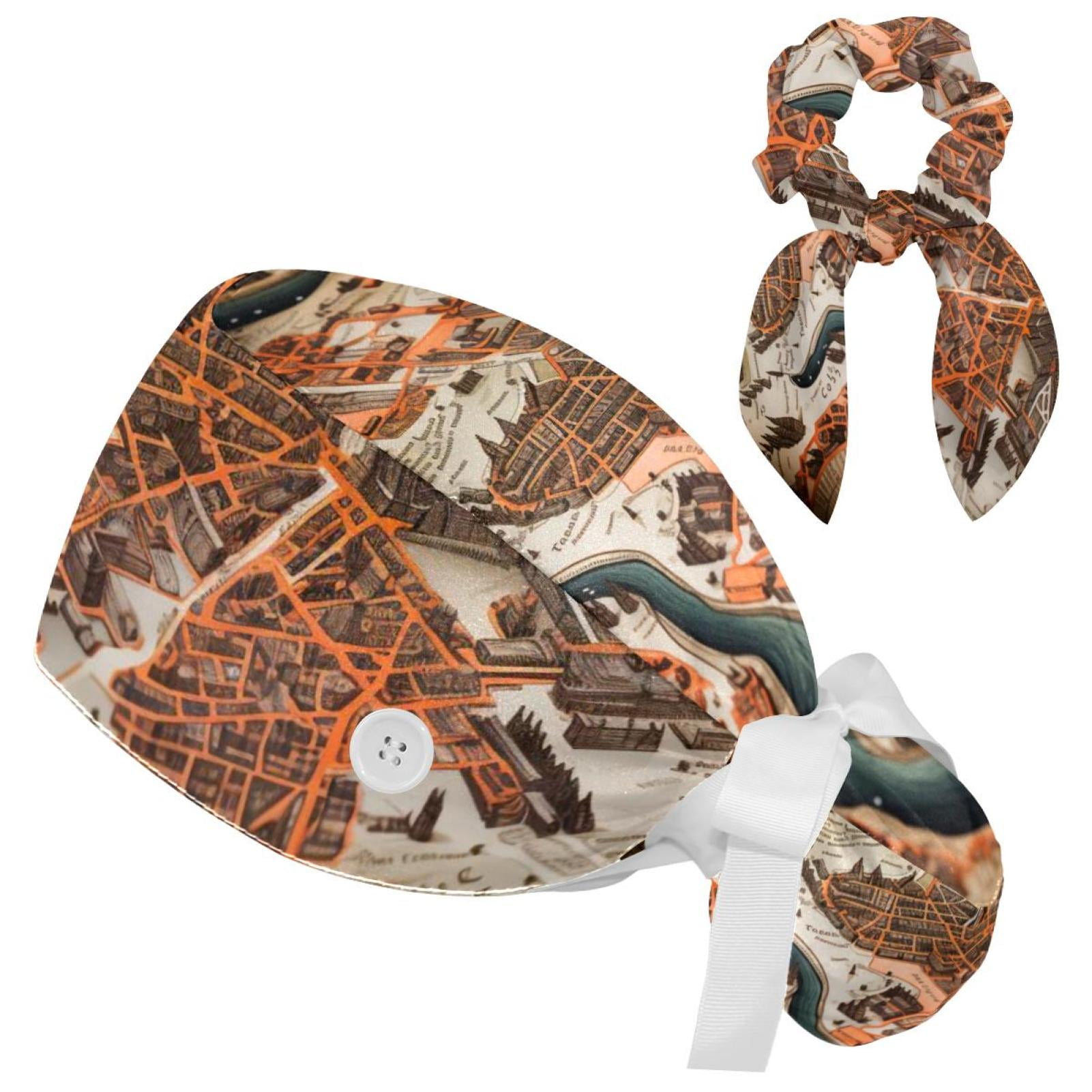 Map Block Scrub Cap with Scrunchy and Buttons for Long Hair, Adjustable ...