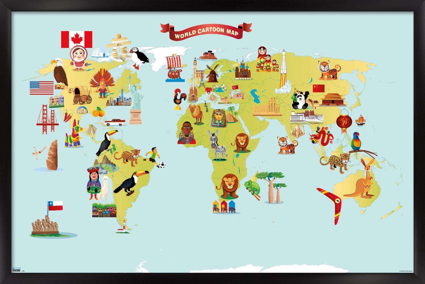 Map - Cartoon Wall Poster, 14.725" x 22.375", Framed - Walmart.com