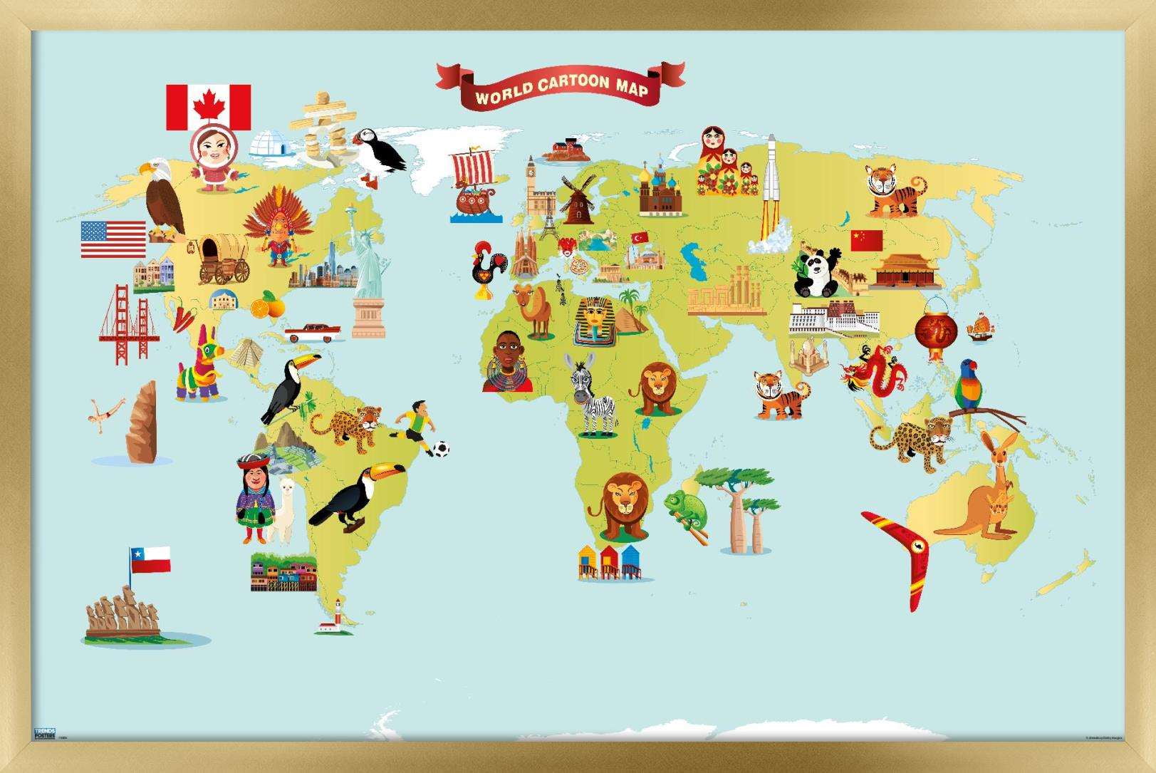 Map - Cartoon Wall Poster, 14.725" x 22.375", Framed - Walmart.com