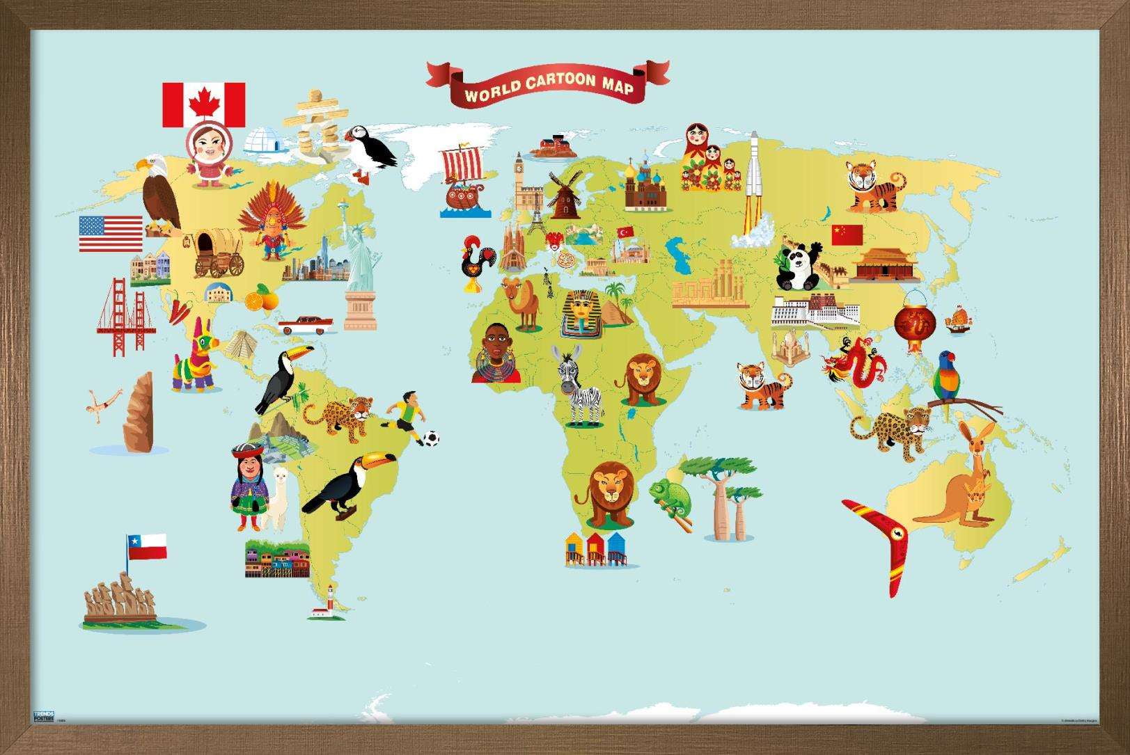 Map - Cartoon Wall Poster, 22.375" x 34", Framed - Walmart.com