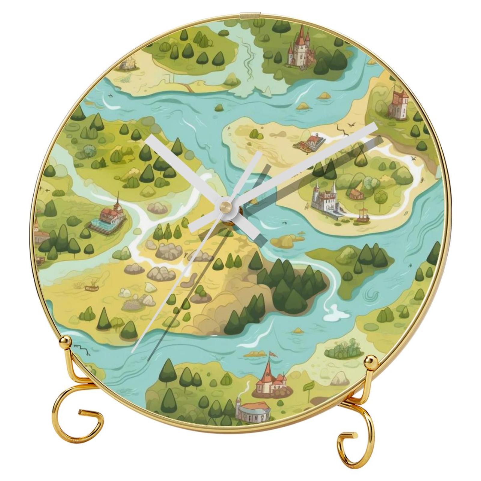 Map Classic Round Wall Clock with Hooks and Gold Stand - Silent Non ...