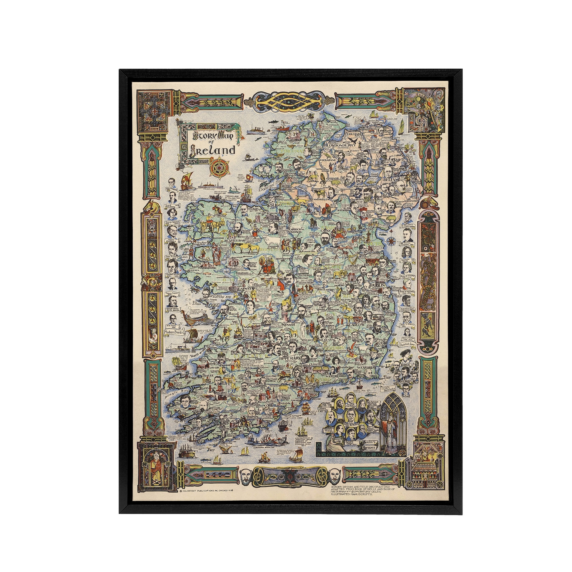 Map Color Text 1936 Story Ireland Black Framed Canvas Wall Art Print ...