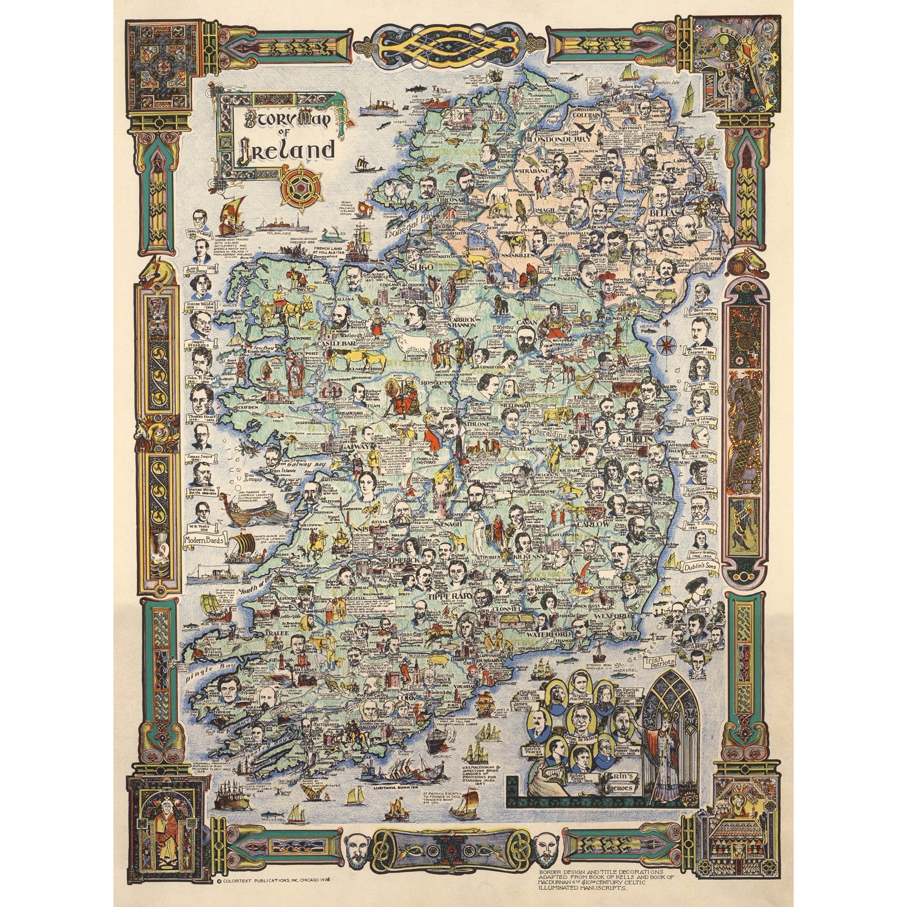 Map Colortext 1936 Story Ireland Historic Pictorial Extra Large XL Wall ...