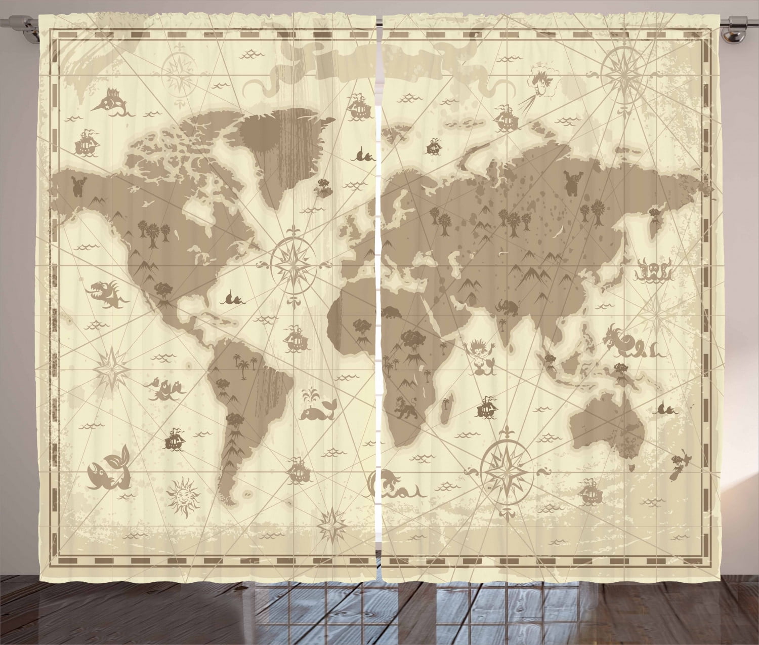 Ambesonne Map Curtains 2 Panel Set, Aged World Monsters Compass, 108" x ...