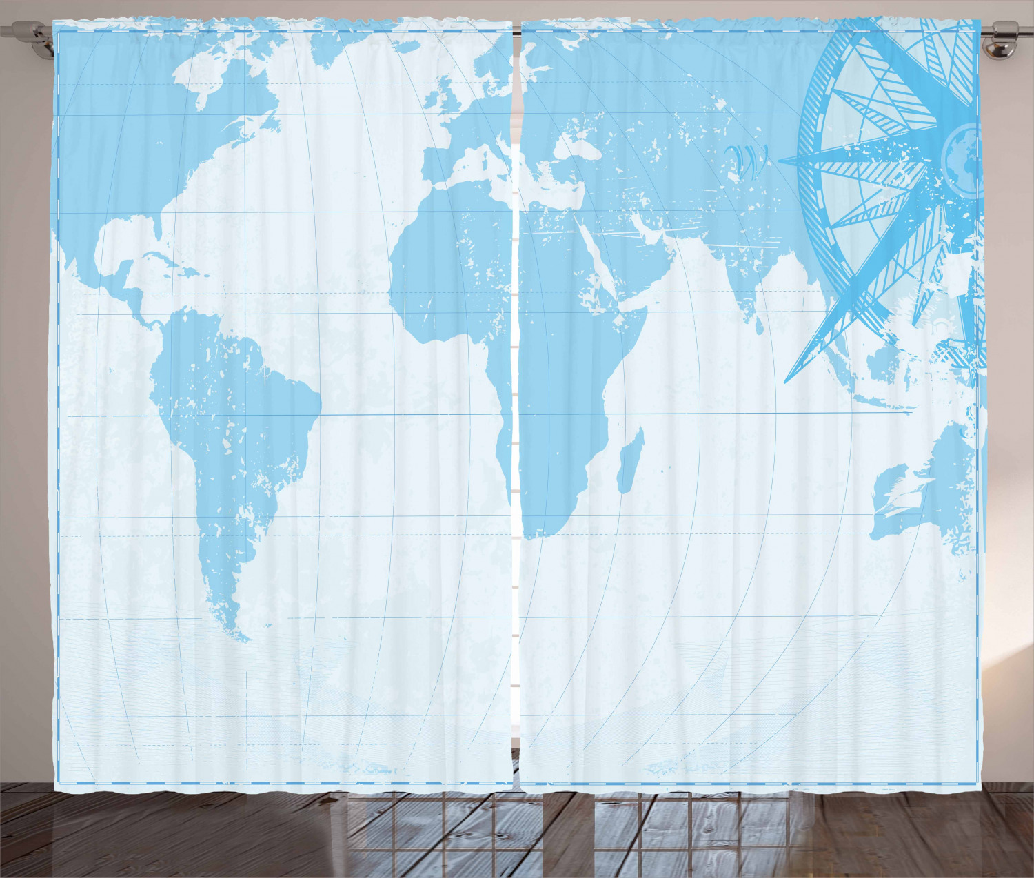 Ambesonne Map Curtains 2 Panel Set, Old Compass Blue Grunge, 108" x 108 ...