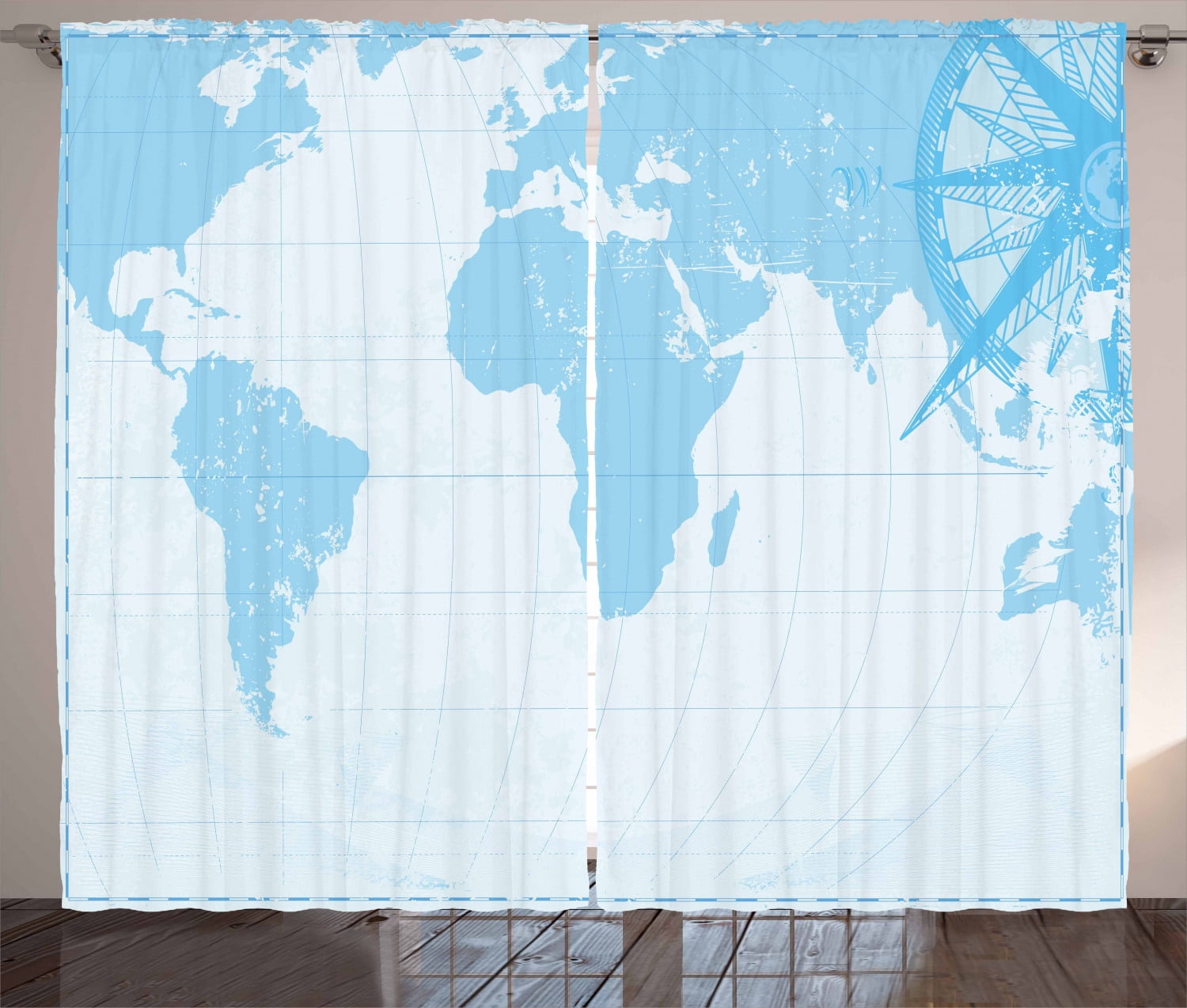 Ambesonne Map Curtains 2 Panel Set, Old Compass Blue Grunge, 108" x 63 ...