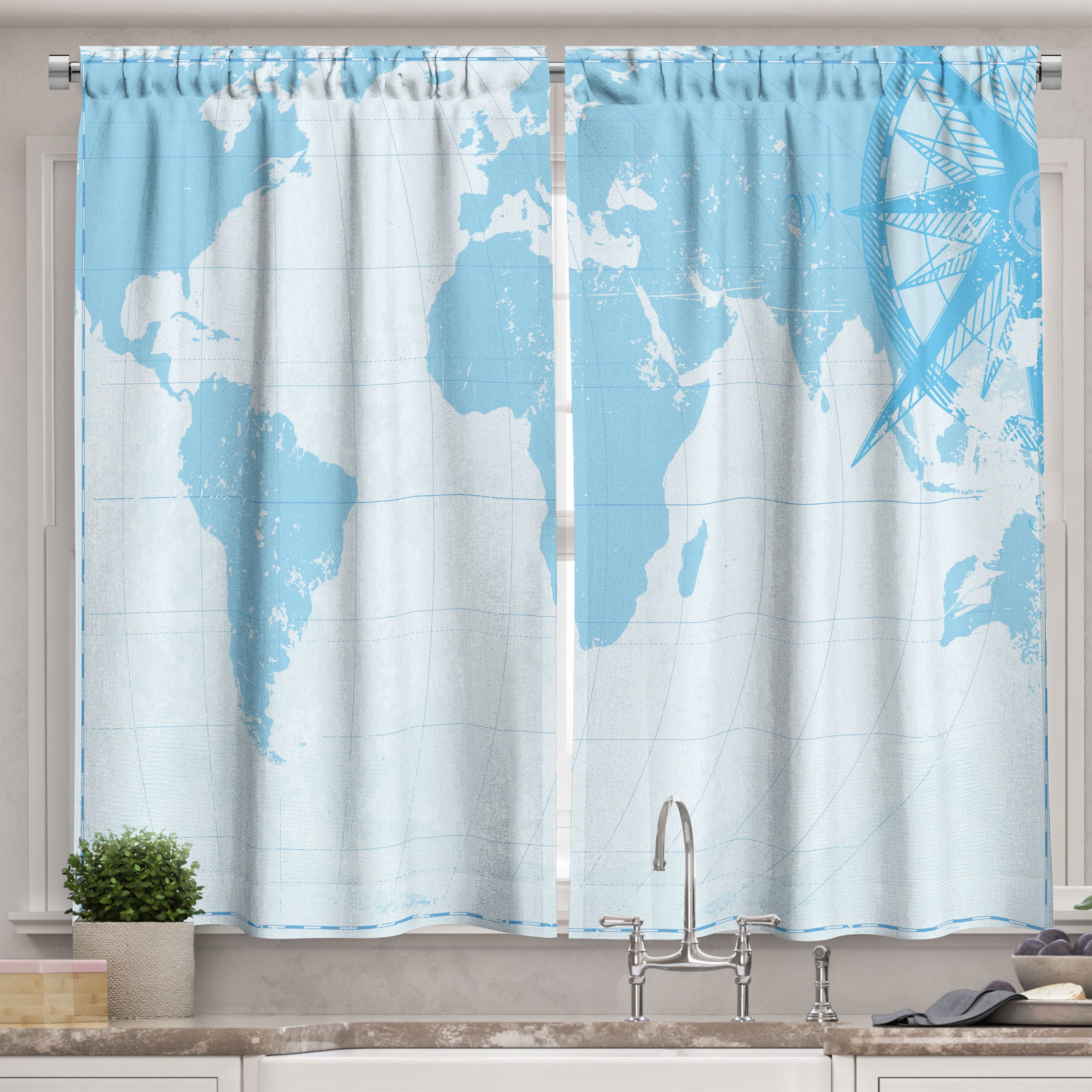 Map Curtains 2 Panels Set, Blue Grunge Background with Vintage World ...
