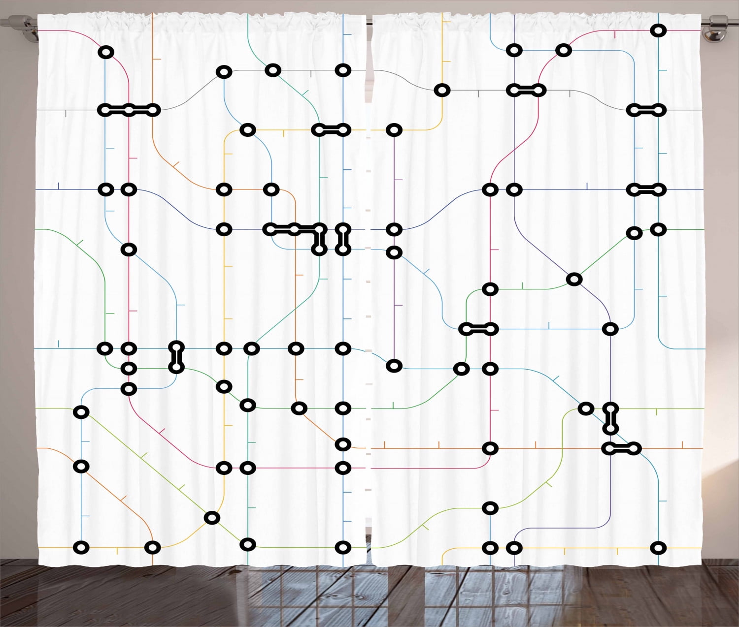 Ambesonne Map Curtains 2 Panel Set, Colorful Lines Metro Scheme, 108" x ...