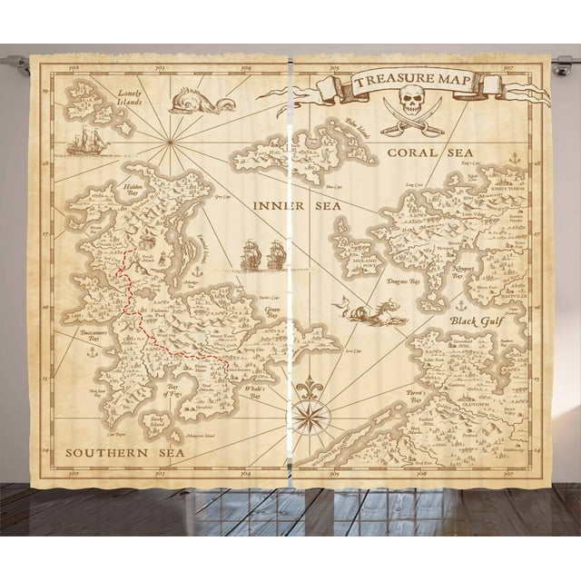 Ambesonne Map Curtains 2 Panel Set, Grunge Treasure Map, 108" x 63 ...