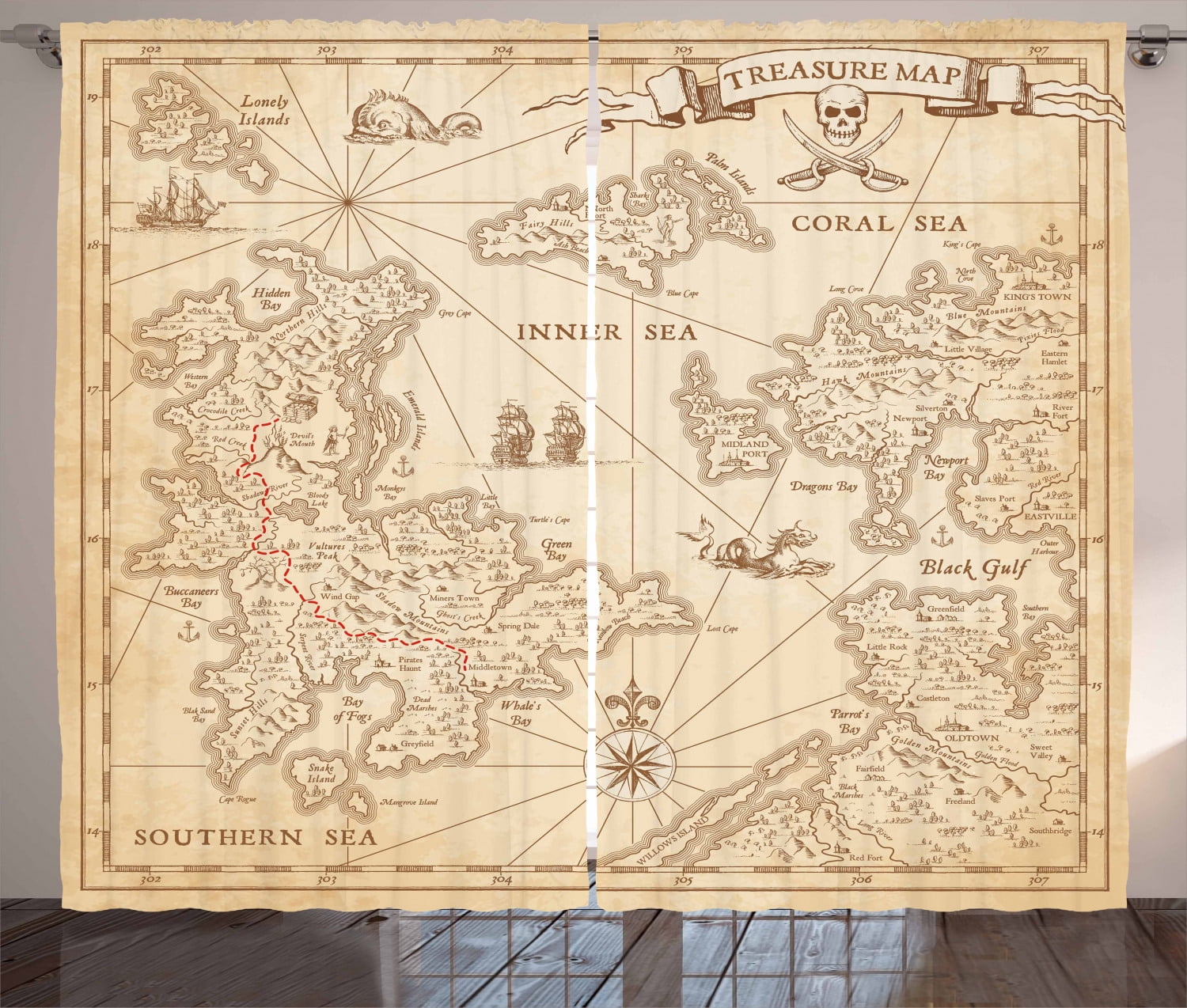 Ambesonne Map Curtains 2 Panel Set, Grunge Treasure Map, 108" x 84 ...