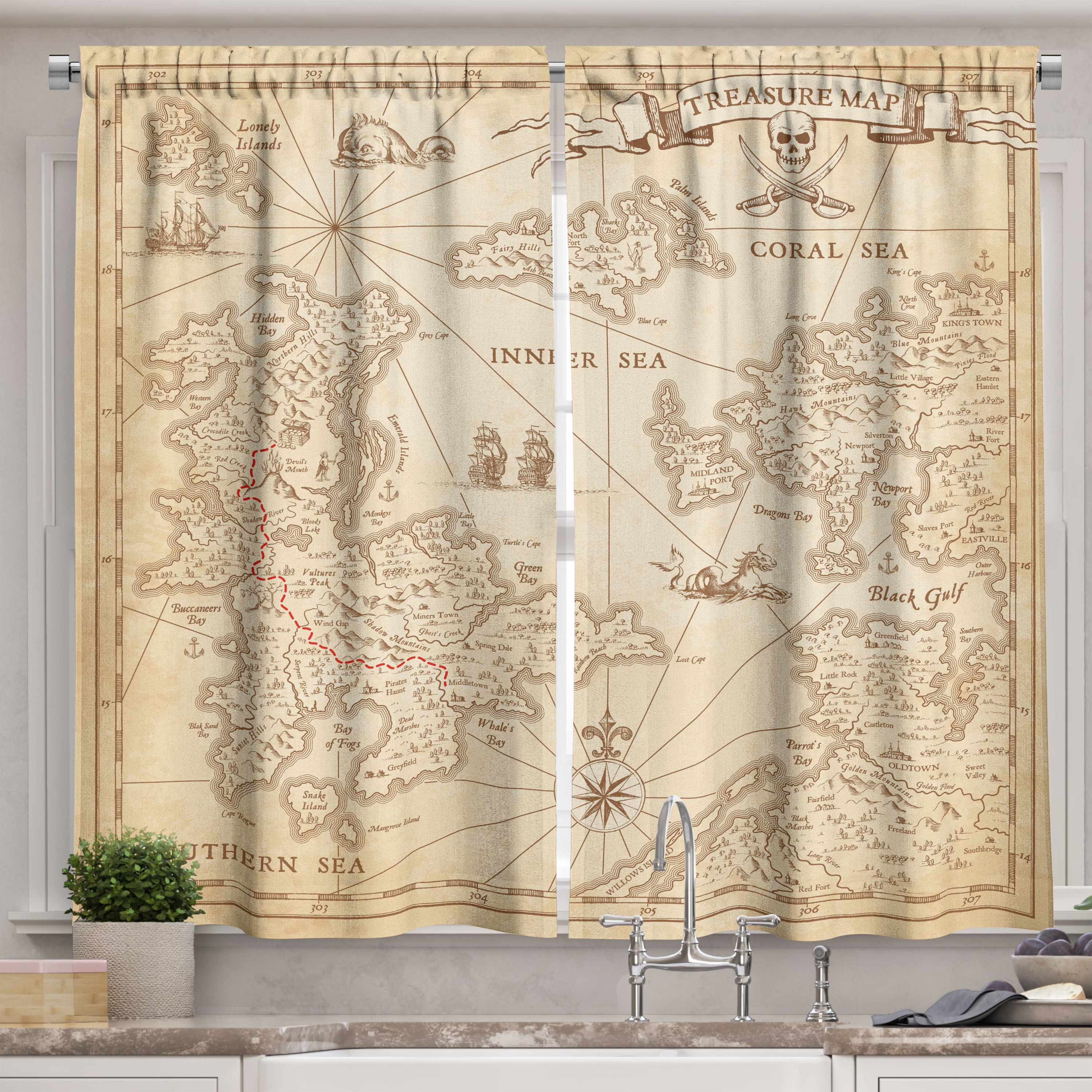 Map Curtains 2 Panels Set, Highly Detailed Ancient Grunge Treasure Map ...