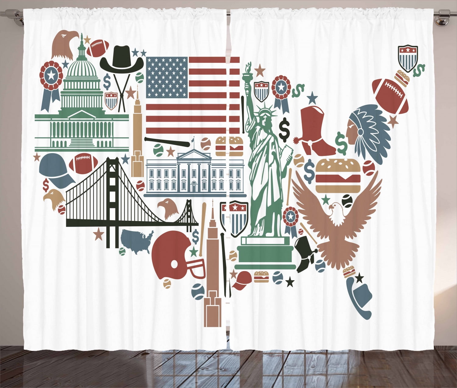 Ambesonne Map Curtains 2 Panel Set, Travel Landmarks USA Flag, 108" x ...