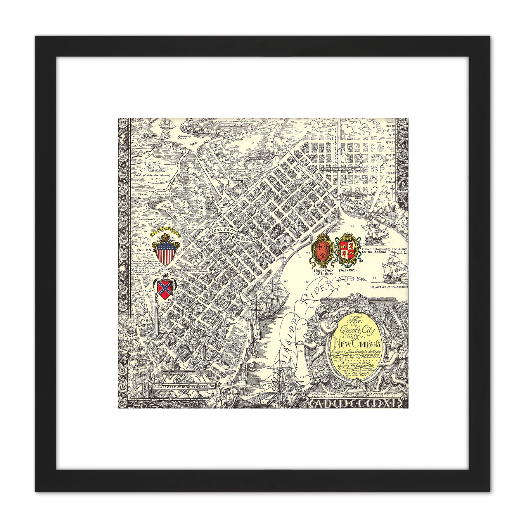 Map Curtis 1930 Creole City New Orleans 8X8 Inch Square Wooden Framed ...