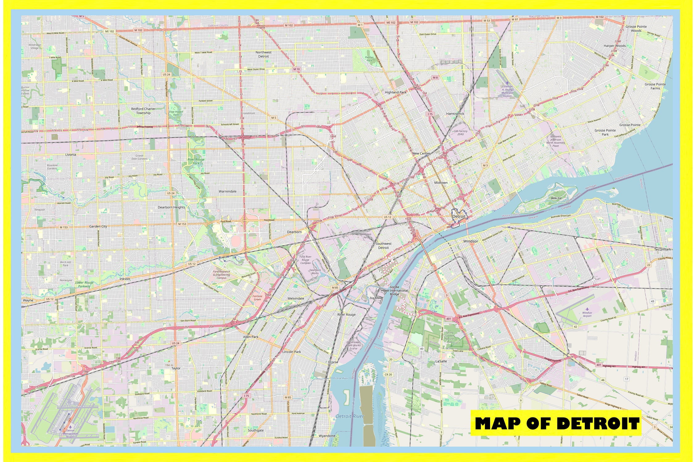 Map of Detroit 36x54 with Neighborhoods, Streets, Roads, Highways and ...
