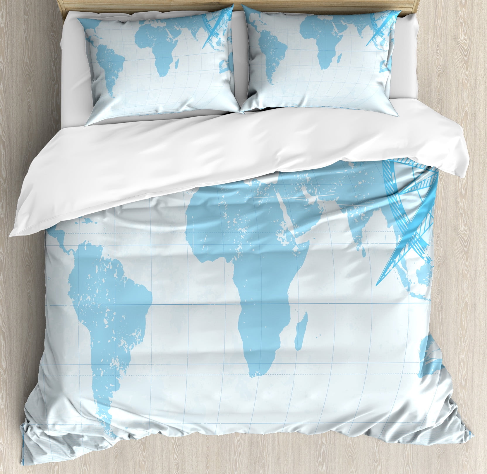 Map Duvet Cover Set, Blue Grunge Background with Vintage World Map and ...