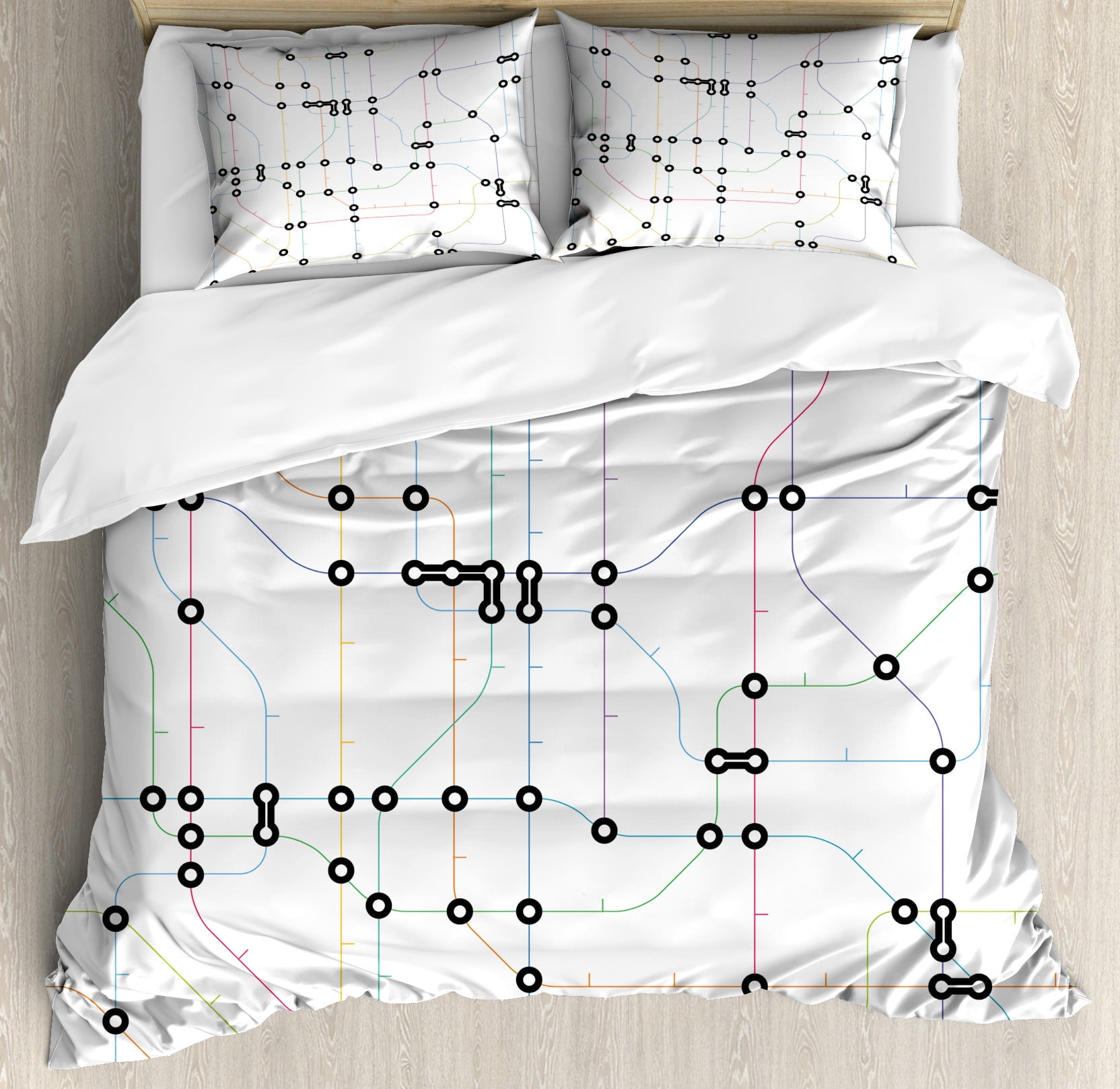 Map Duvet Cover Set, Colorful Thin Lines Metro Scheme Transportation ...