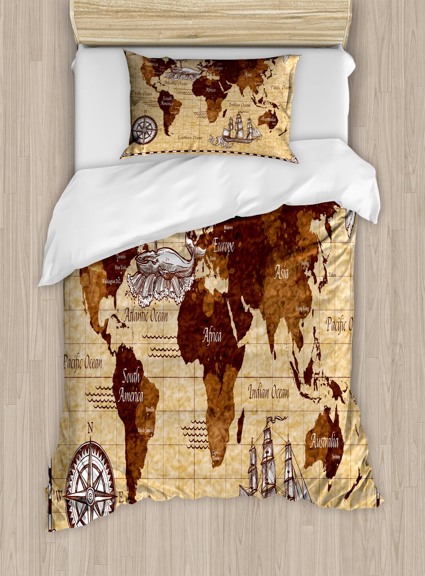 Map Duvet Cover Set, Hand Drawn Sketch Retro World Atlas Lettering Old ...